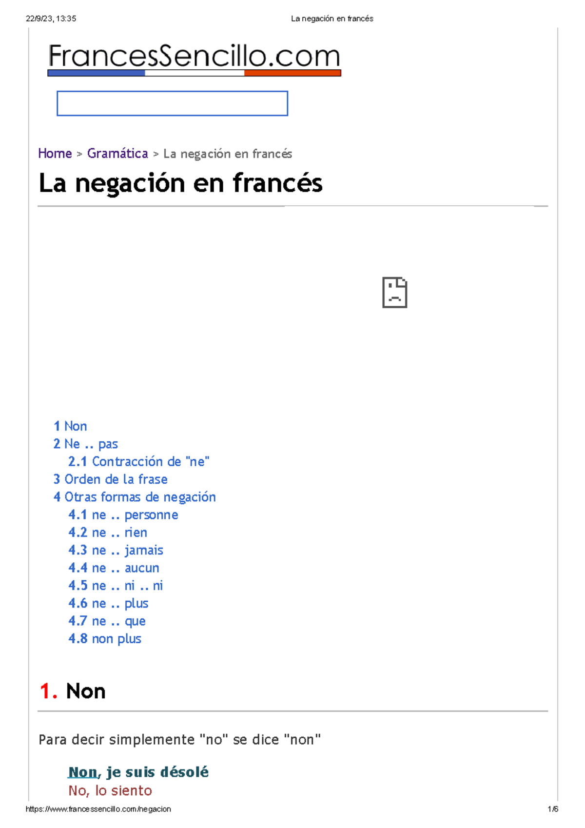 La negación en francés - 1 Non 2 Ne .. pas 2 Contracción de "ne" 3 ...
