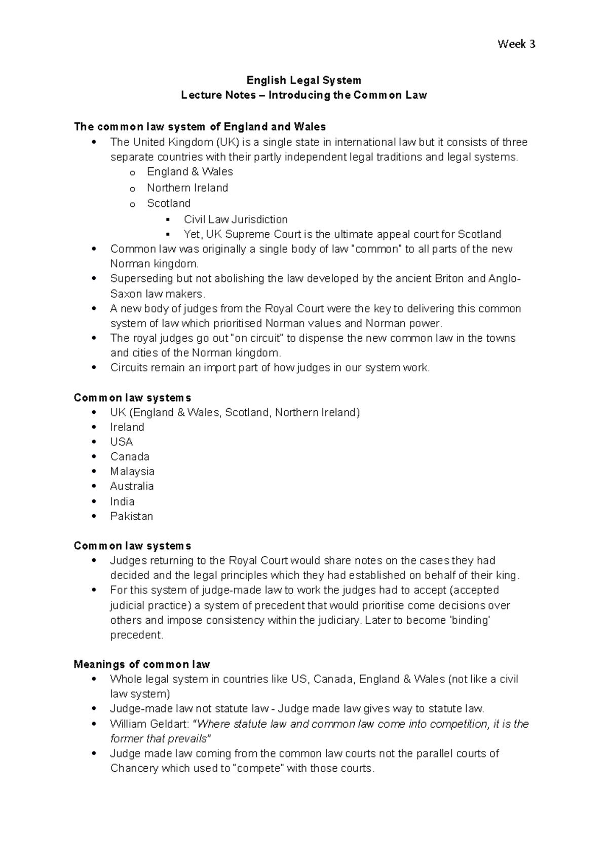 Common Law Lecture Notes Week 3 English Legal System Lecture Notes