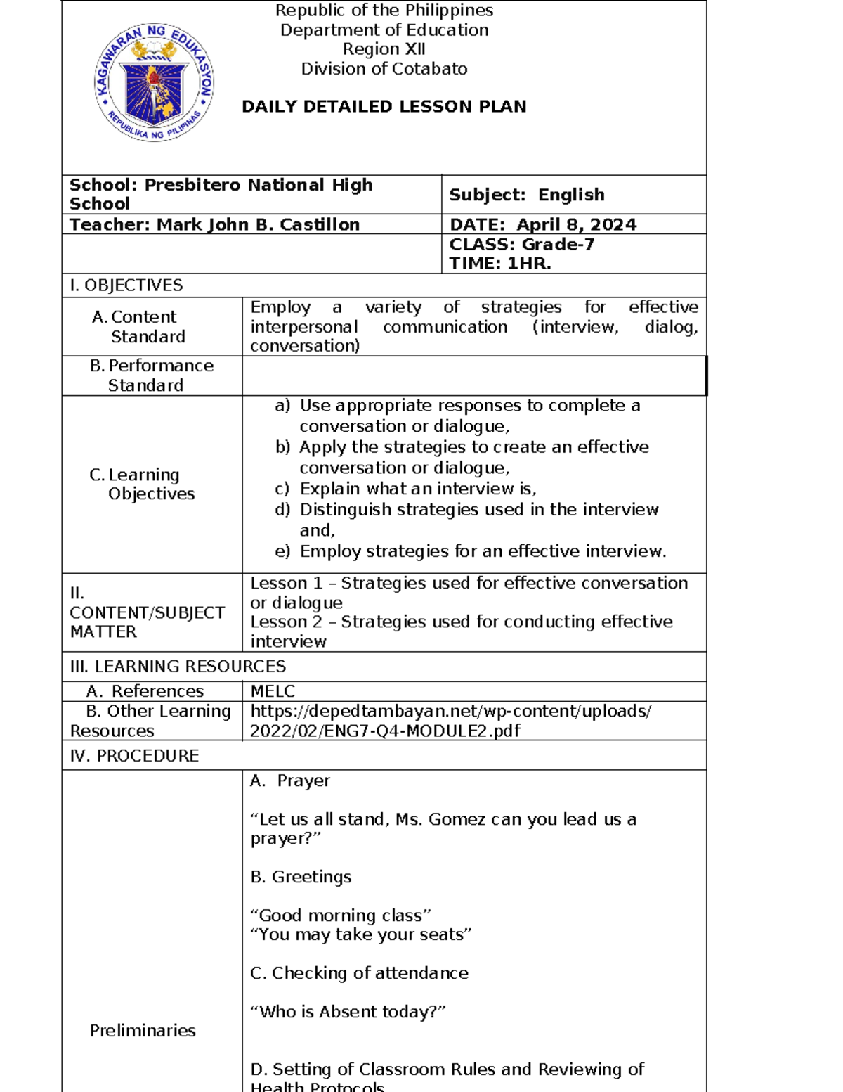 DLP 04082024 - Detailed Lesson Plan - Republic of the Philippines ...