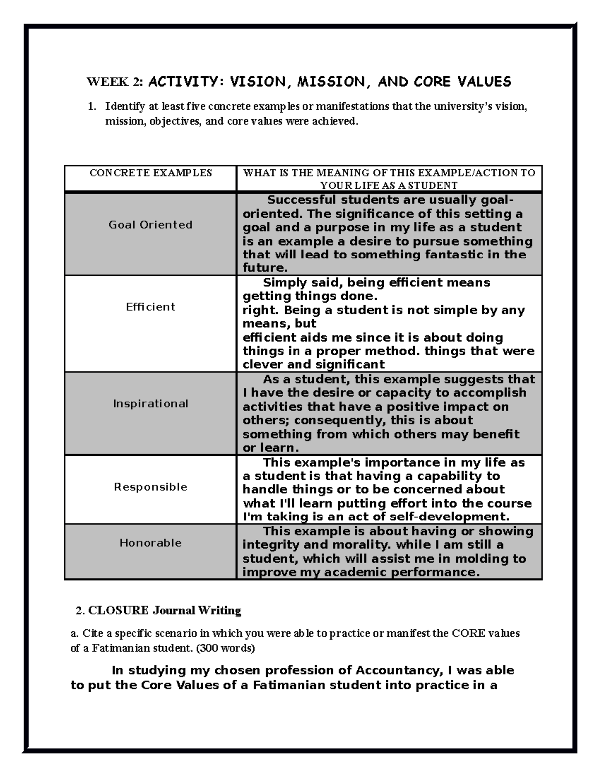 DE LEON, MICA WEEK2 - Veritas - WEEK 2: ACTIVITY: VISION, MISSION, AND ...