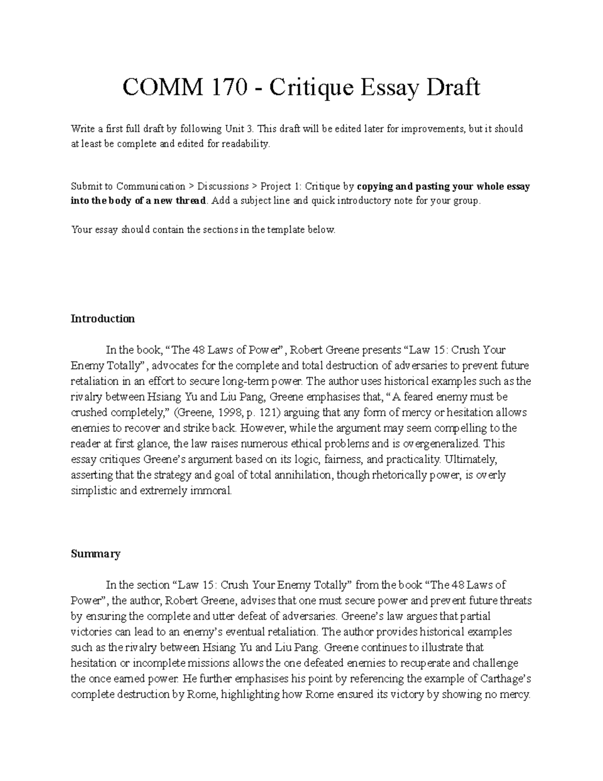 Critique Essay Draft - COMM 170 - Critique Essay Draft Write a first full draft by following ...