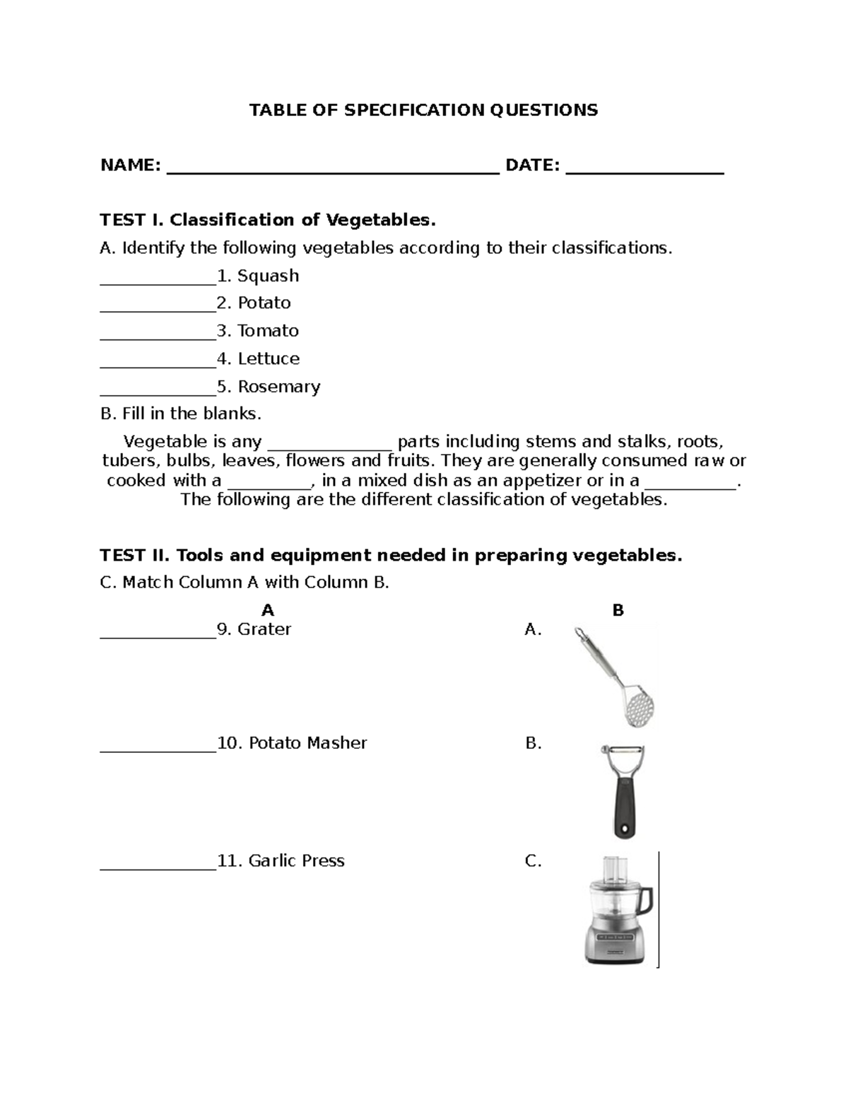 TOS Activity - TOS - TABLE OF SPECIFICATION QUESTIONS NAME