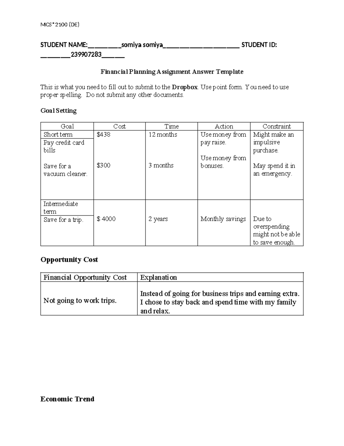 Financial Planning Assignment Answer Template MCS2100DE New - STUDENT ...