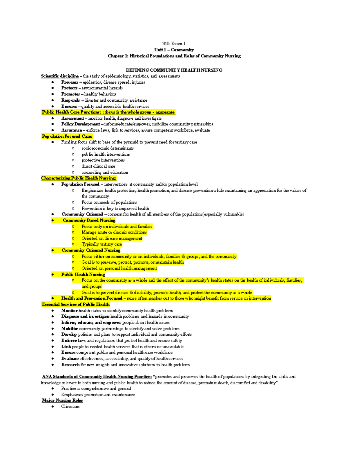 340 Exam 1 - Updated in 2022 - 340: Exam 1 Unit 1 – Community Chapter 1 ...