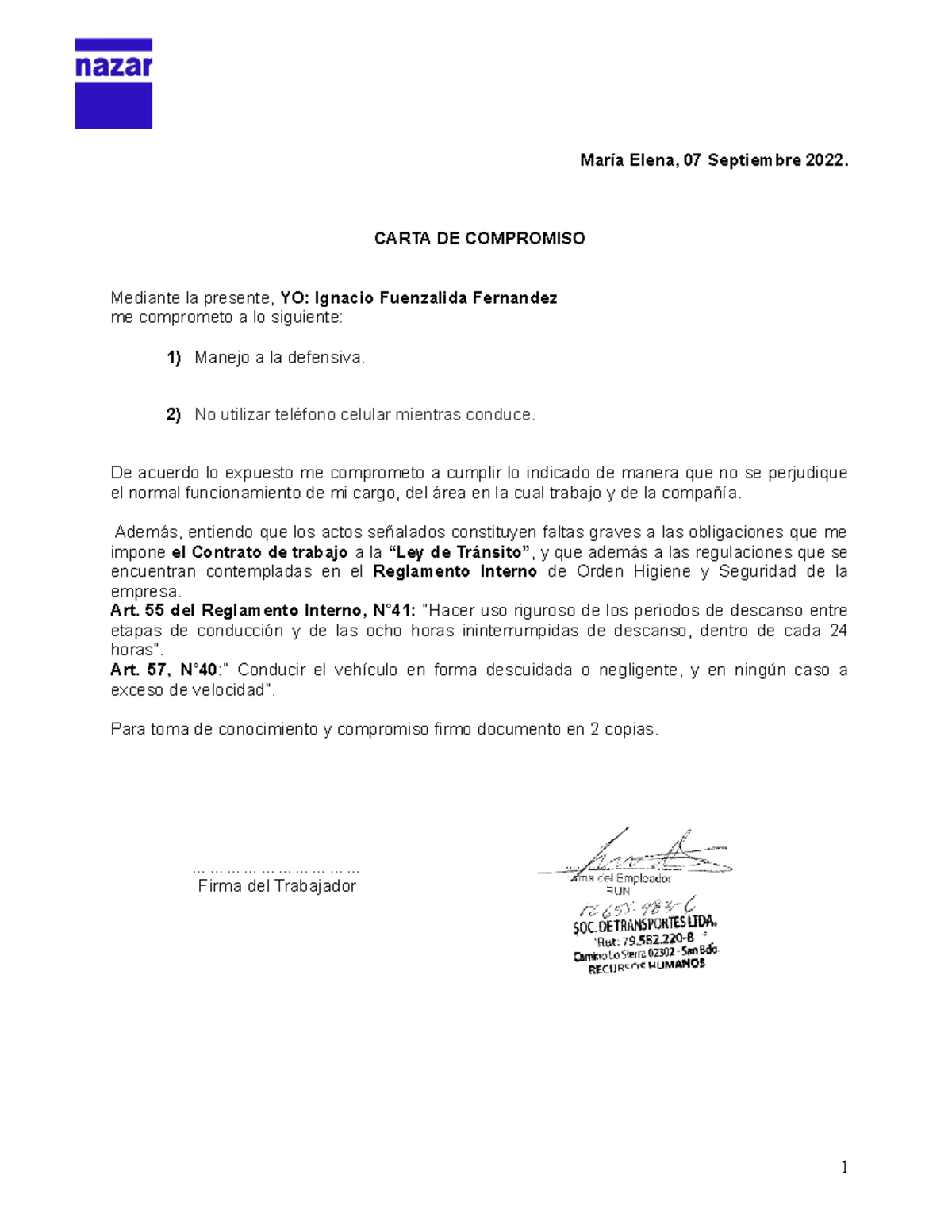 Carta Compromiso Jorge uso celular jose valdes - María Elena, 07 ...