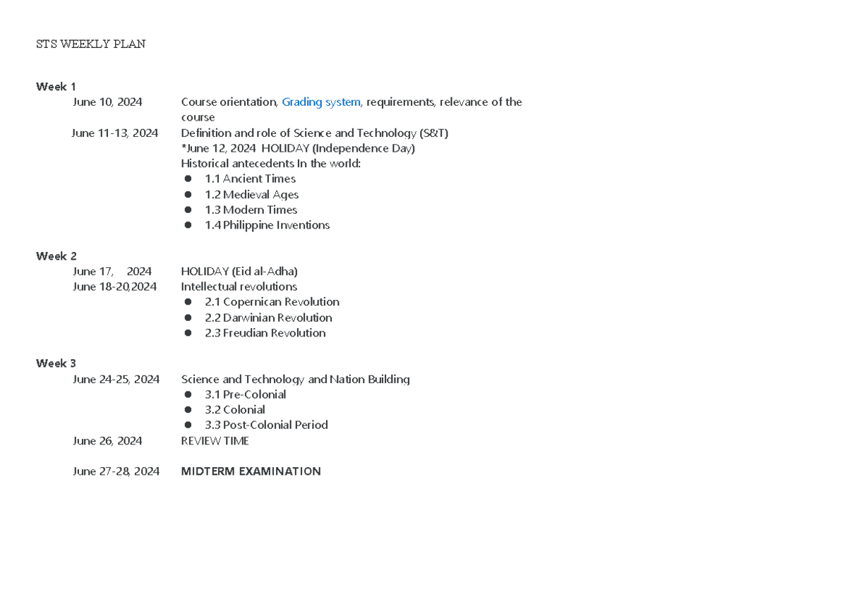 STS Weekly PLAN - STS WEEKLY PLAN Week 1 June 10 , 2024 Course ...