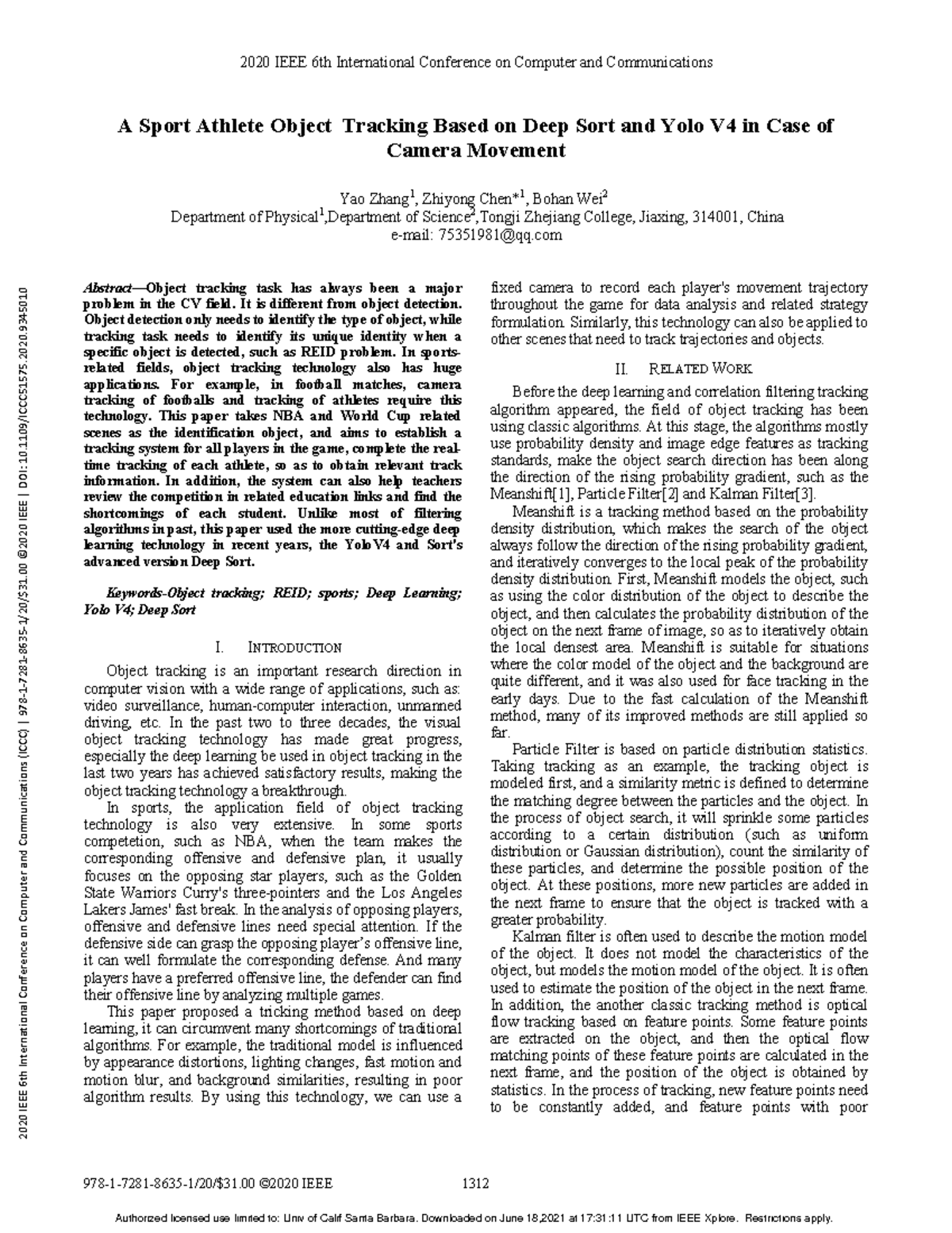 Deepsort Yolo Tracking A Sport Athlete Object Tracking Based On Deep Sort And Yolo V4 In Case