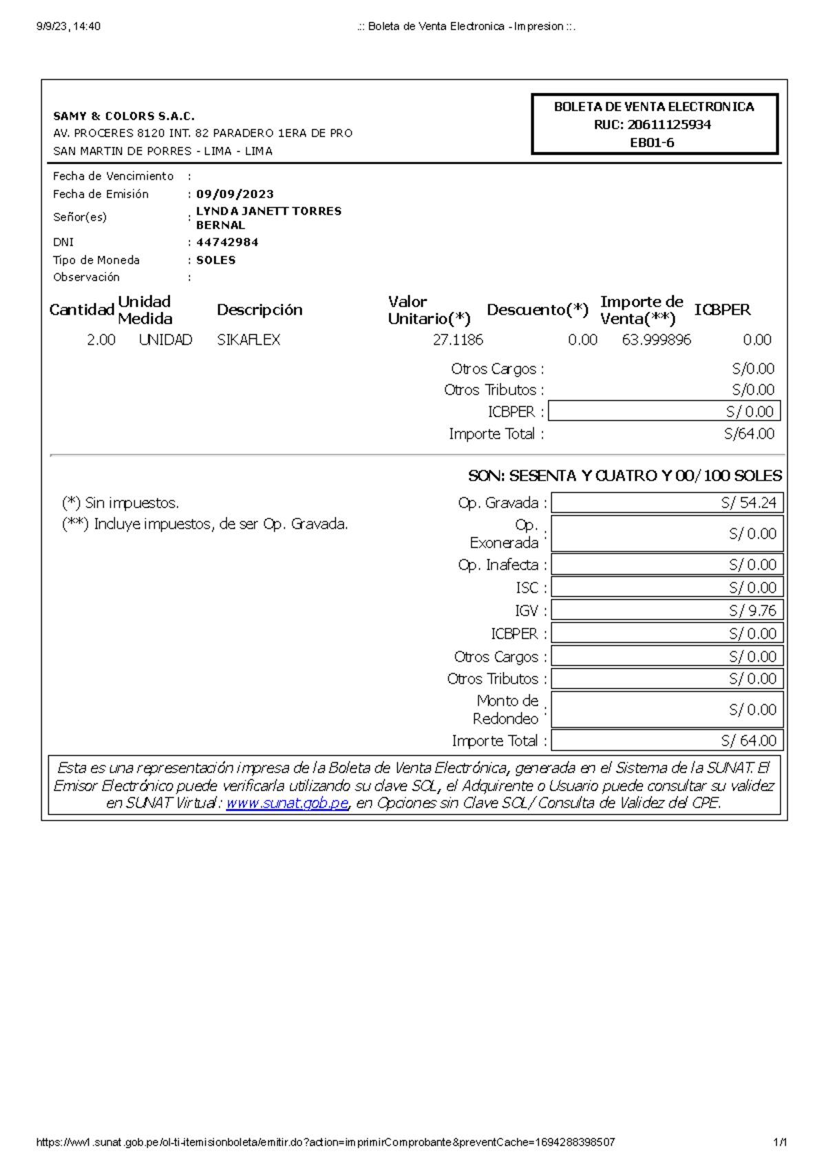 Lynda Janett Torres Bernal - 9/9/23, 14:40 .:: Boleta de Venta ...