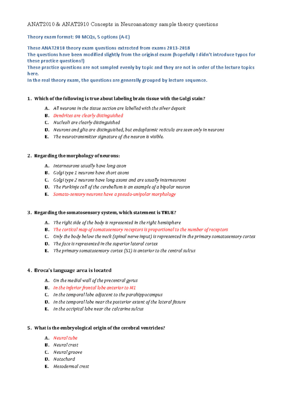 Sample Theory exam 2019, answers - Theory exam format: 90 MCQs, 5 ...