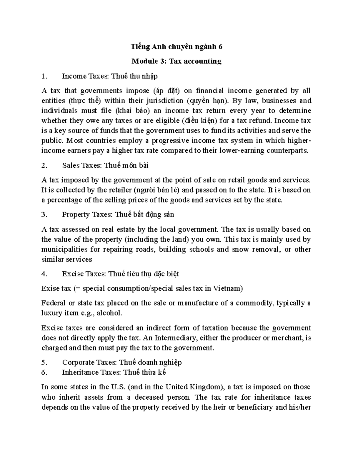 Tiếng Anh chuyên ngành 6 - Tiếng Anh chuyên ngành 6 Module 3: Tax ...