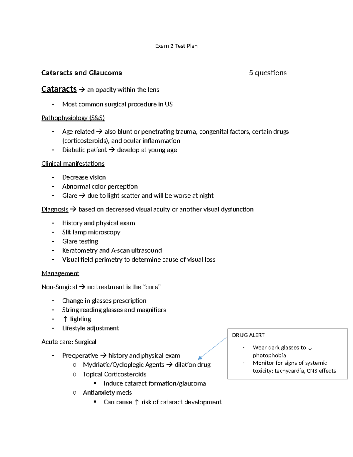 Theory Exam 2 study guide - Exam 2 Test Plan Cataracts and Glaucoma 5 ...
