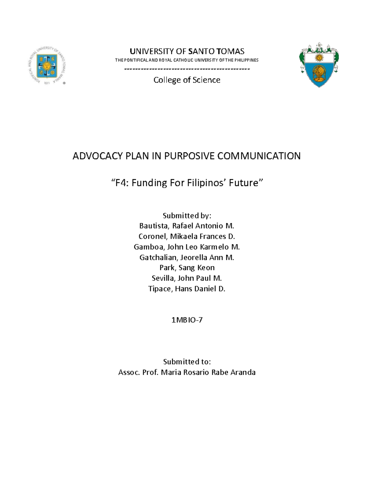 Purpcomm advocplan - Grade: A - UNIVERSITY OF SANTO TOMAS THE PONTIFICAL AND ROYAL CATHOLIC ...