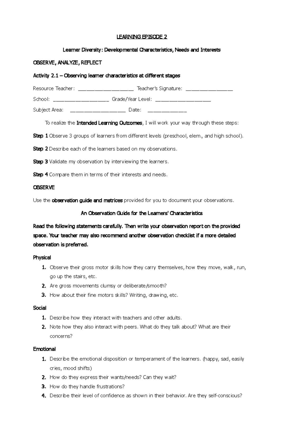 Learning Episode 2 - A lay-out for field study 1 - LEARNING EPISODE 2 ...