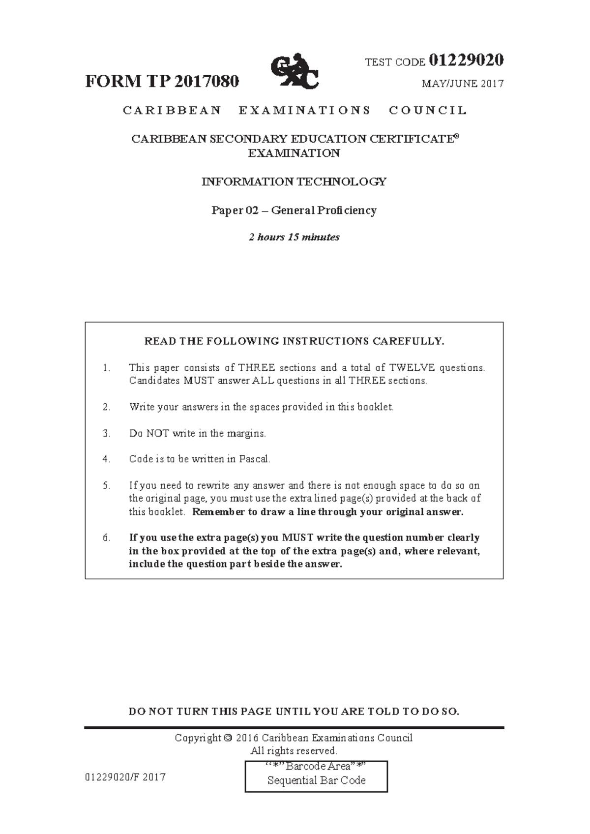 CSEC Information Technology P2 2017 - TEST CODE 01229020 FORM TP ...