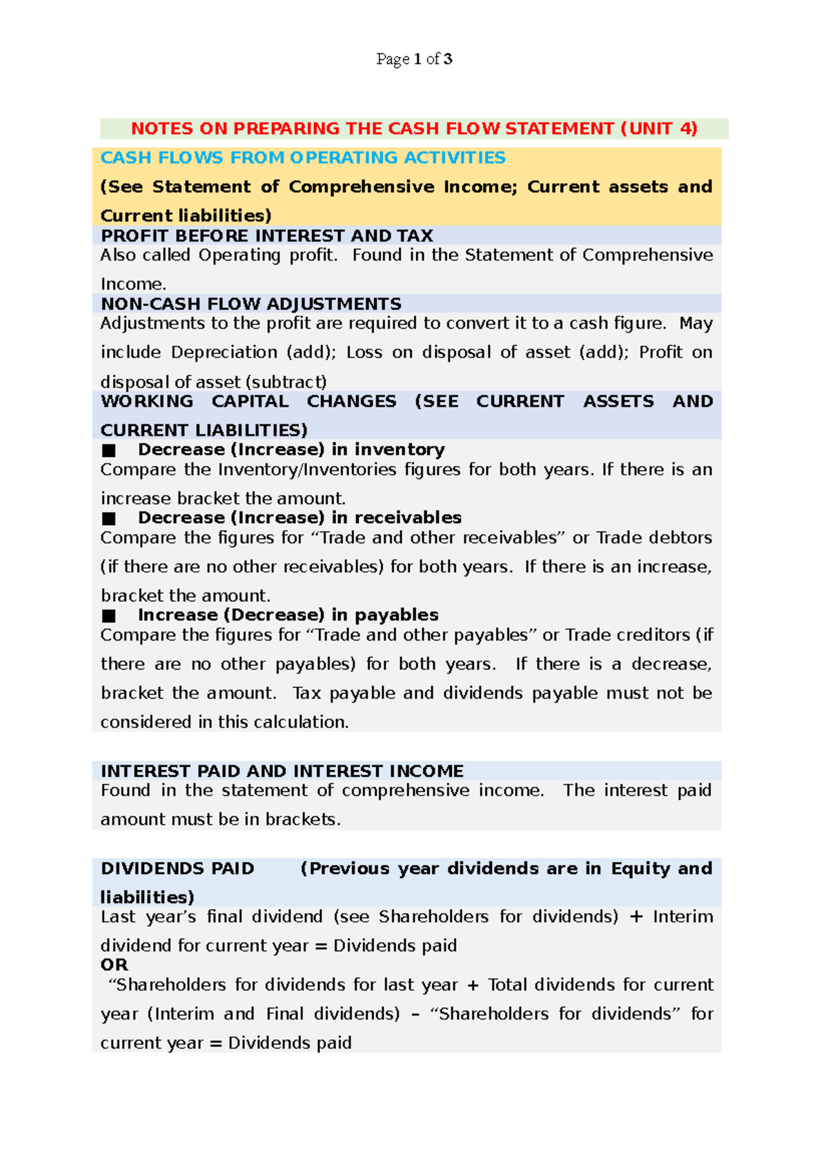 CASH FLOW Statement Notes - Page 1 of 3 NOTES ON PREPARING THE CASH ...