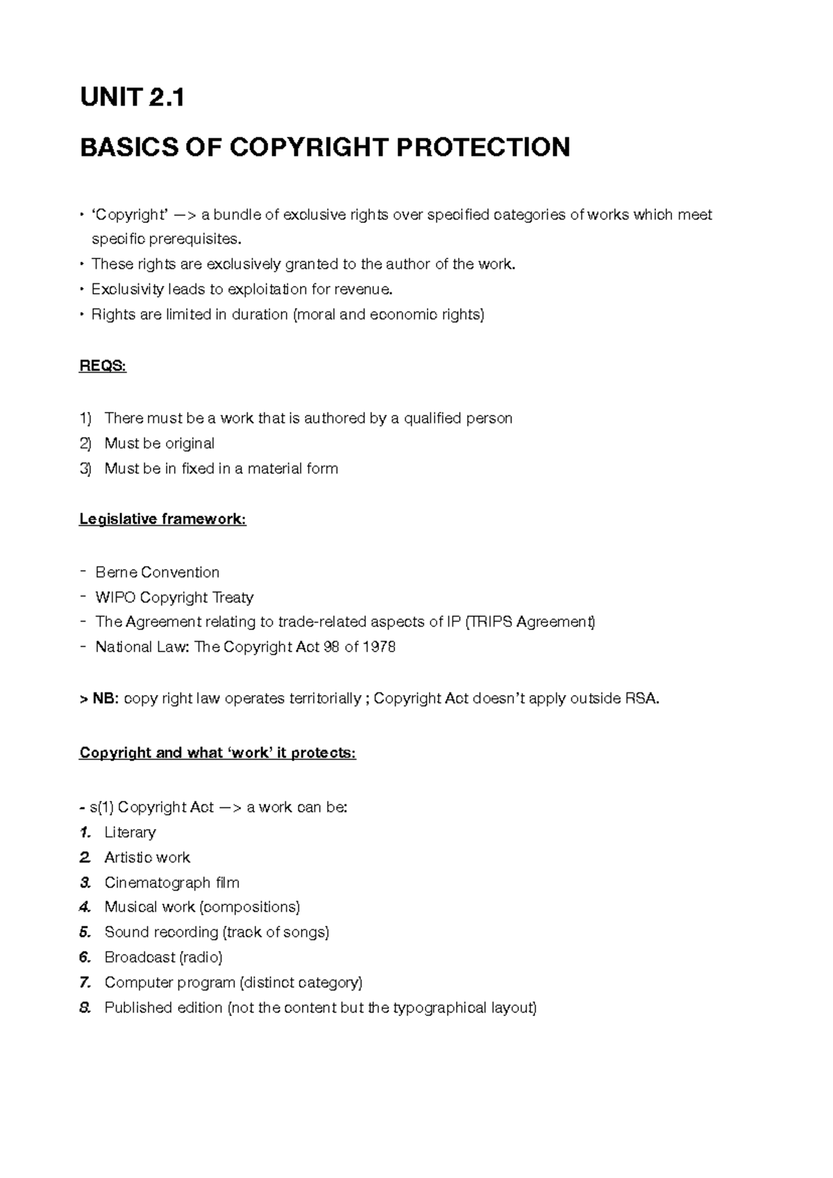 IGZ notes: UNITS 1-4 - UNIT 2. BASICS OF COPYRIGHT PROTECTION ...