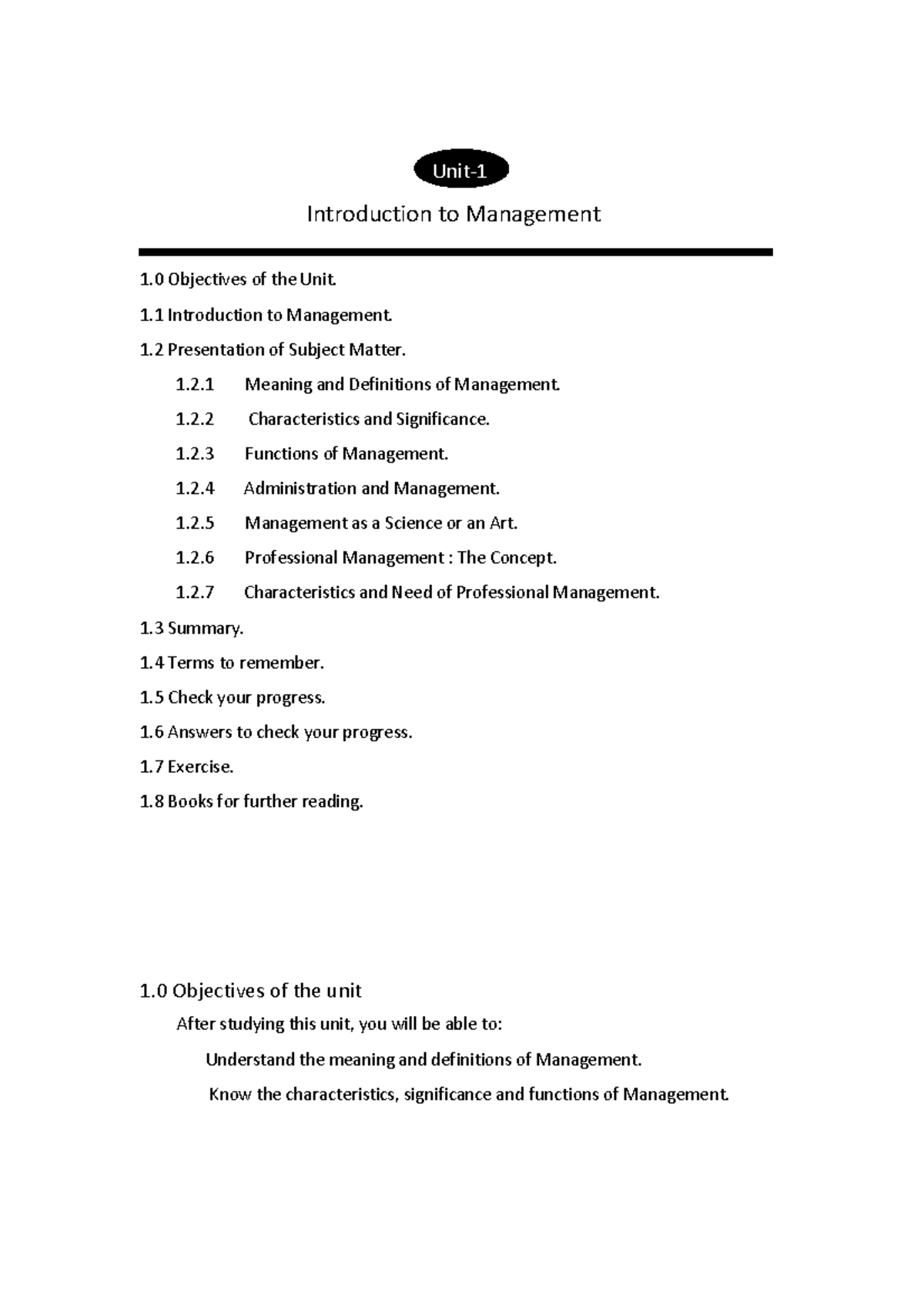 Business Management - Unit- Introduction to Management 1 Objectives of ...
