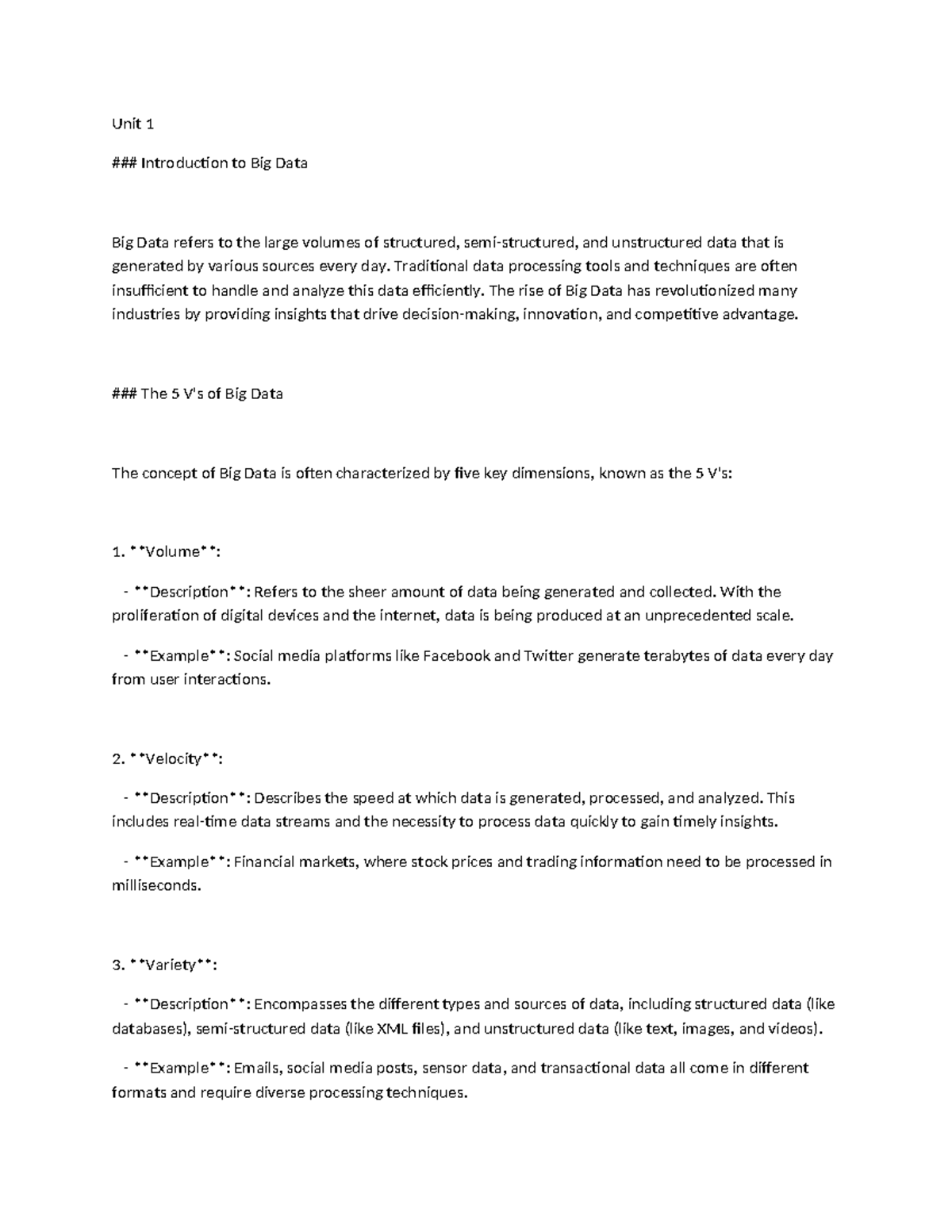 Bd unit 1 - Introduction to big data - Unit 1 Introduction to Big Data ...