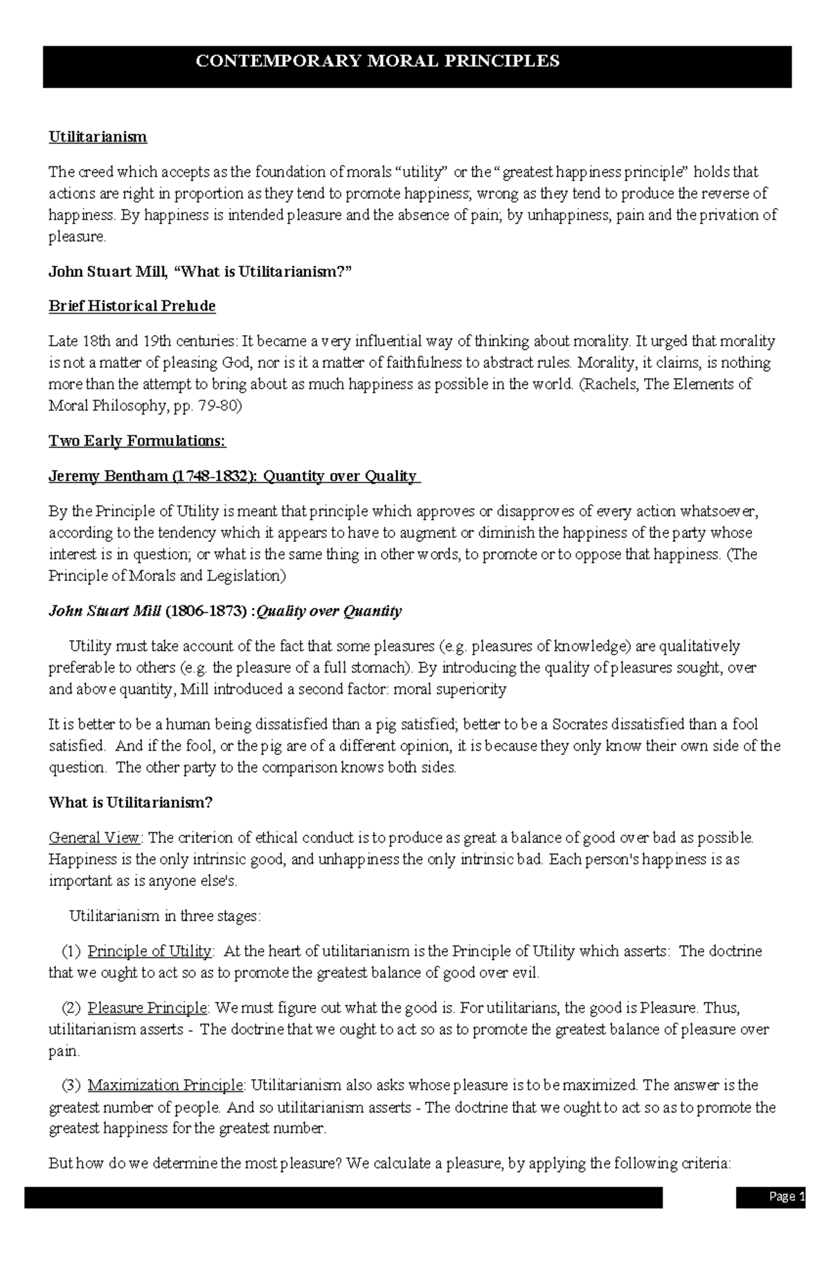 Utilitarianism - Page 1 CONTEMPORARY MORAL PRINCIPLES Utilitarianism ...