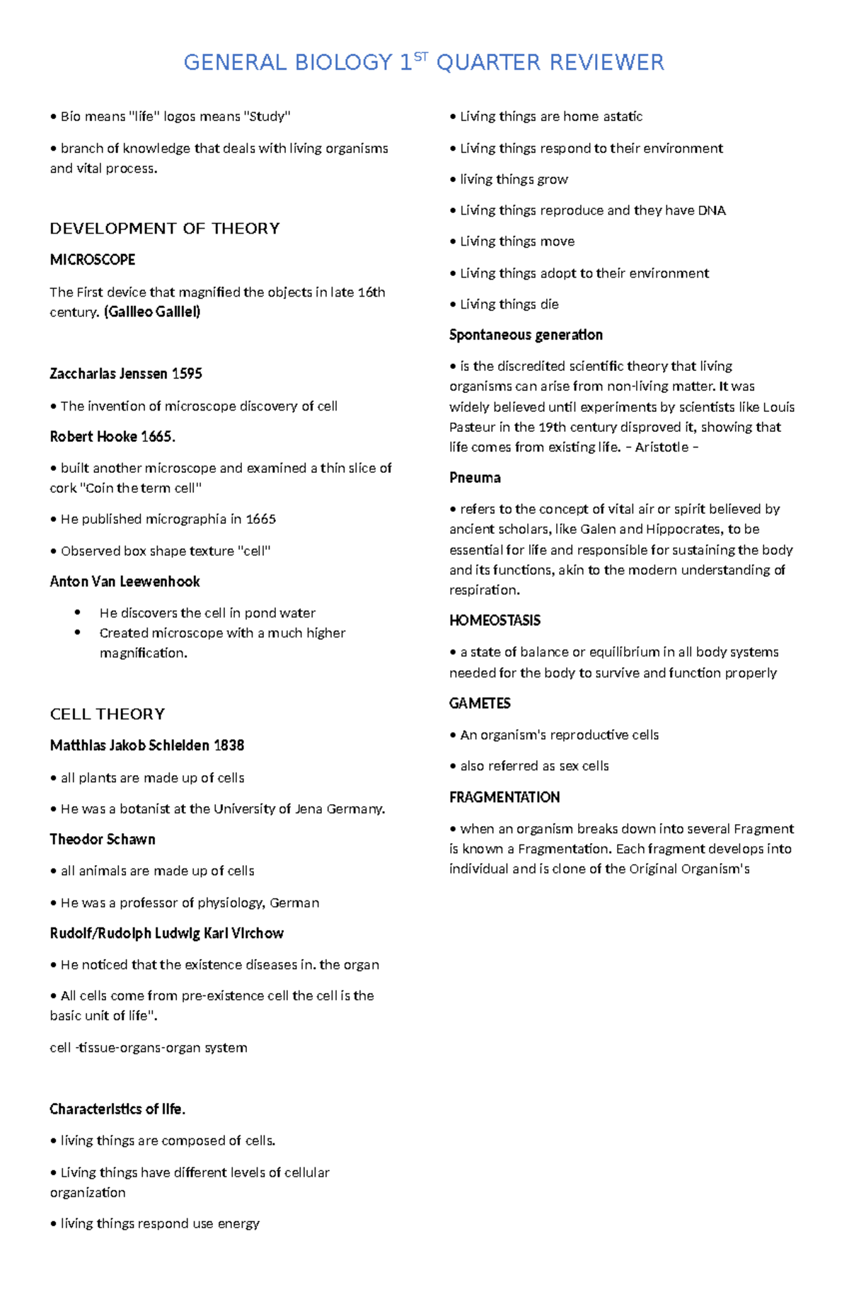 Biology reviewer 1st quarter - GENERAL BIOLOGY 1 QUARTER REVIEWER Bio means "life" logos - Studocu