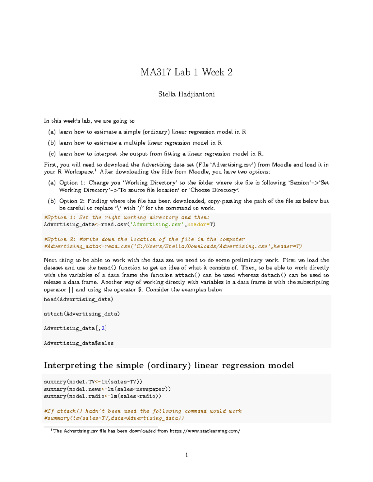 MA317 Lab1 - Notes - MA317 Lab 1 Week 2 Stella Hadjiantoni In this week ...