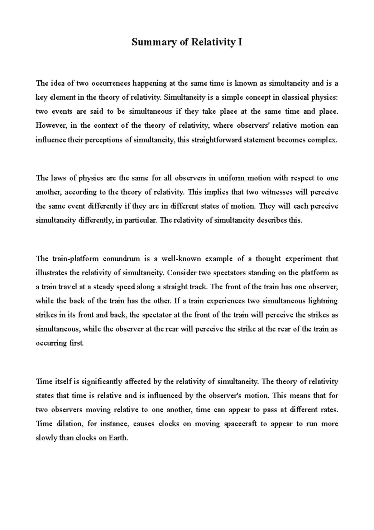 Summary of Relativity 1 - Simultaneity is a simple concept in classical ...