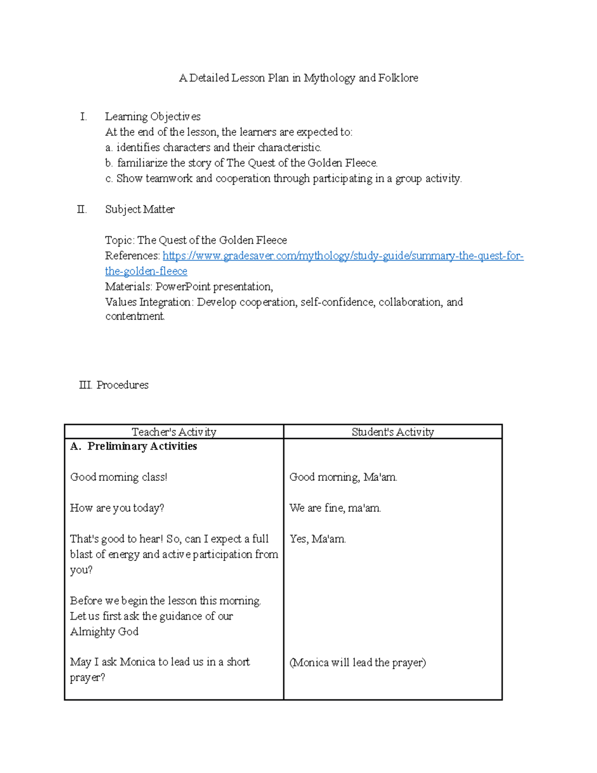 A Detailed Lesson Plan in Mythology and Folklore - Learning Objectives ...