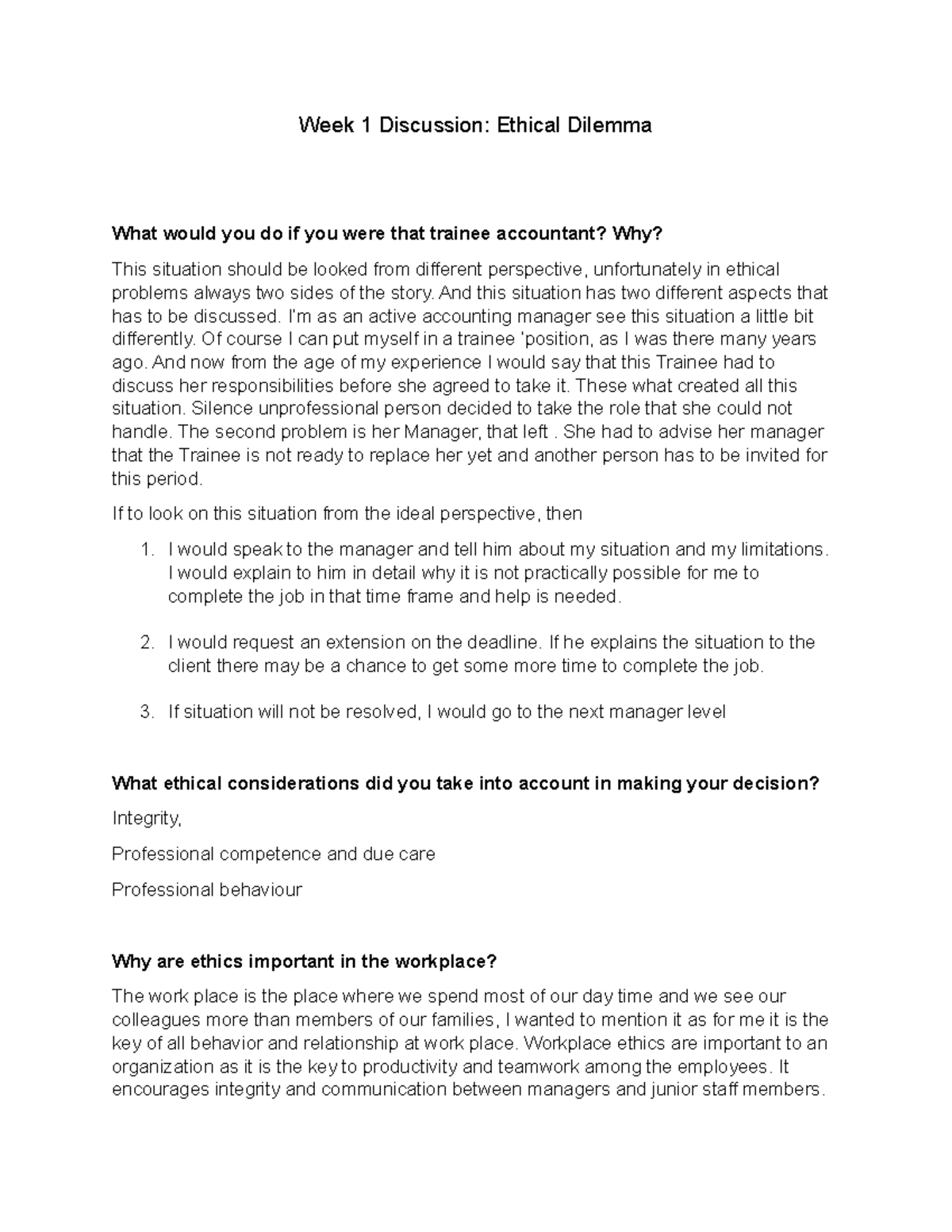 Week 1 Discussion - Ethical behaviour - Week 1 Discussion: Ethical ...