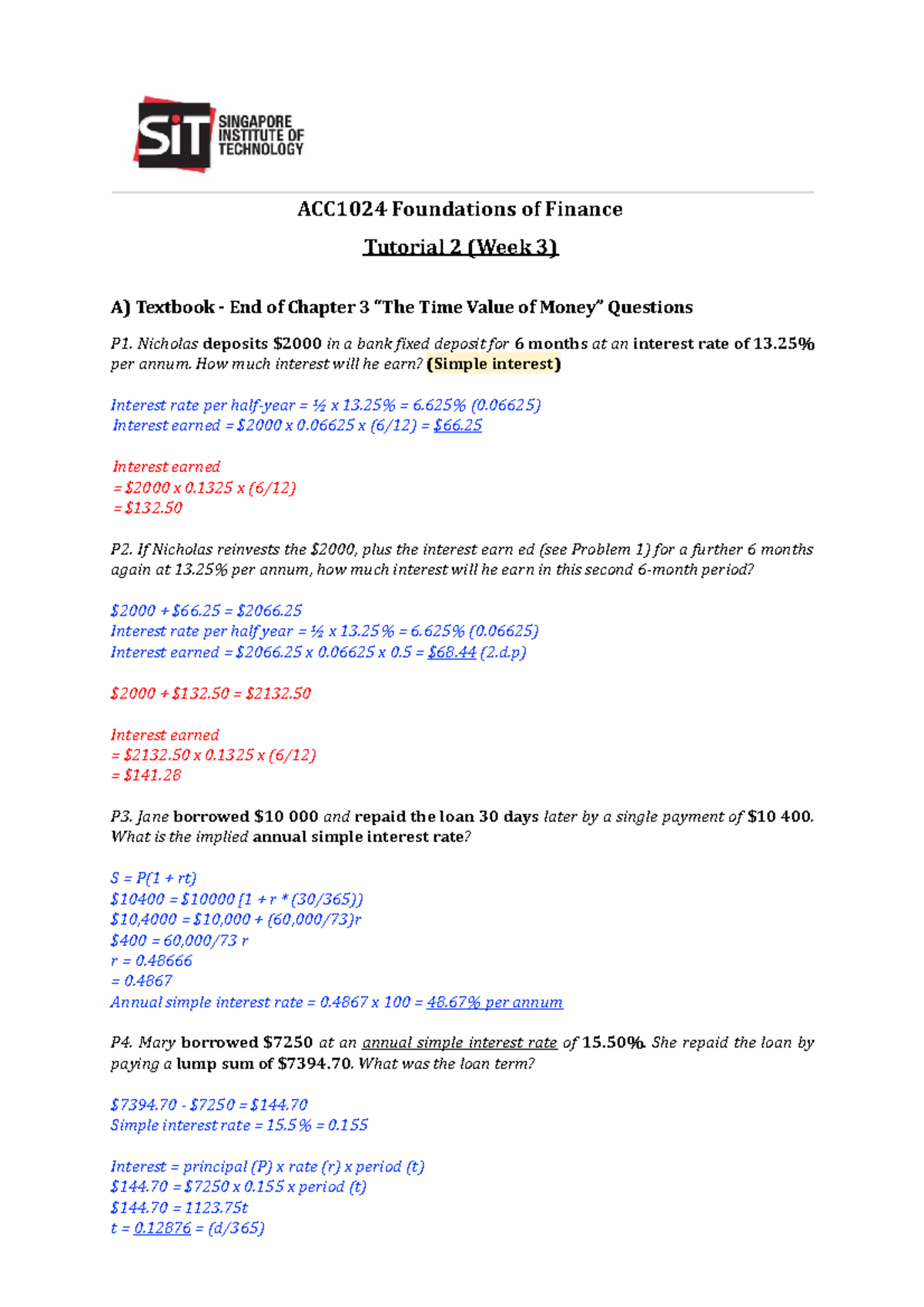 Tutorial 2 (Week 3) - ACC1024 Foundations of Finance Tutorial 2 (Week 3 ...
