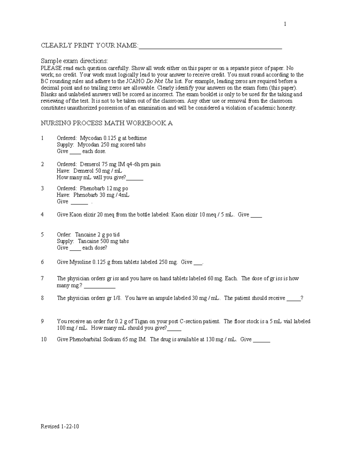 Nursing Process Math Workbook A 1-22-10 - CLEARLY PRINT YOUR - Studocu