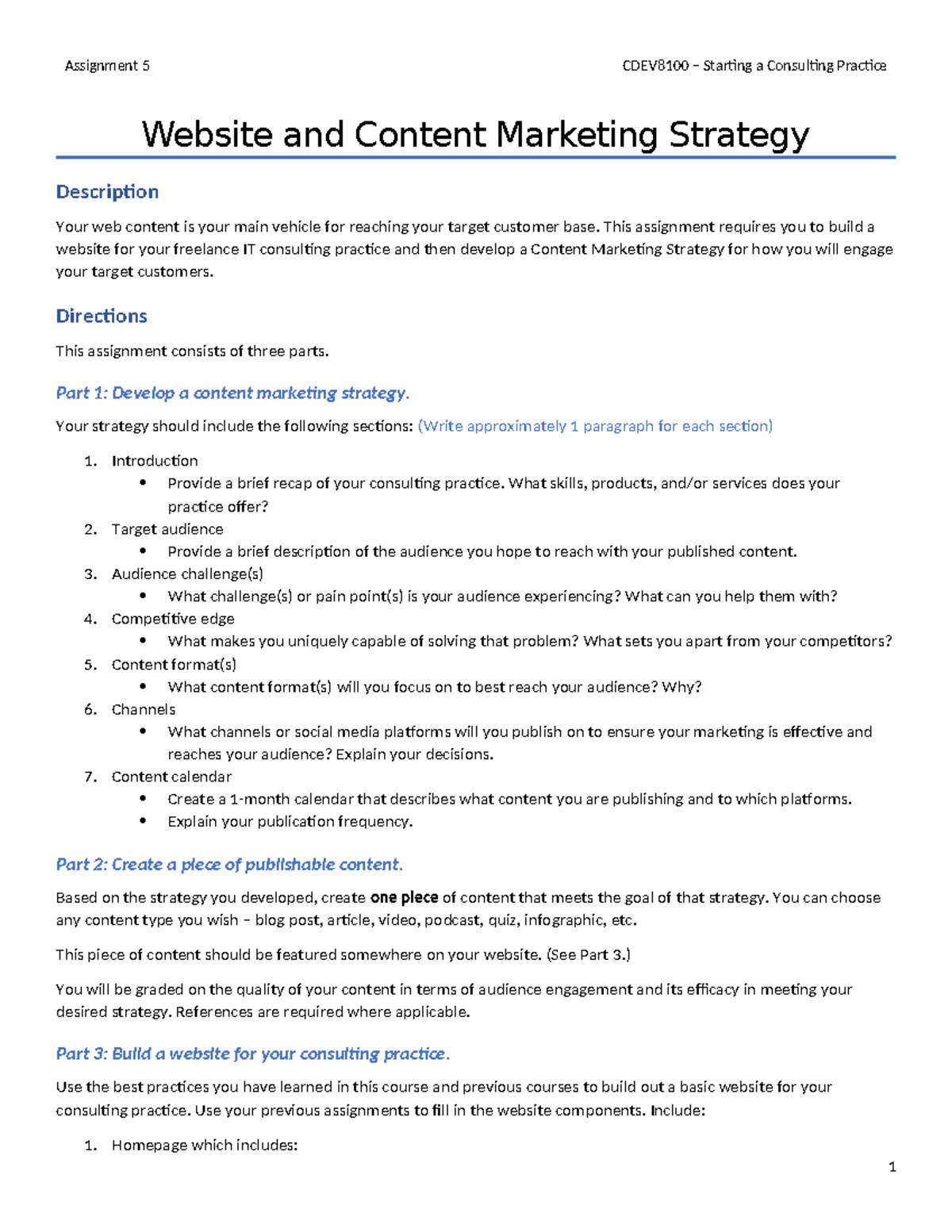 A5 Website and Marketing Strategy Instructions - Assignment 5 CDEV8100 – Starting a Consulting ...