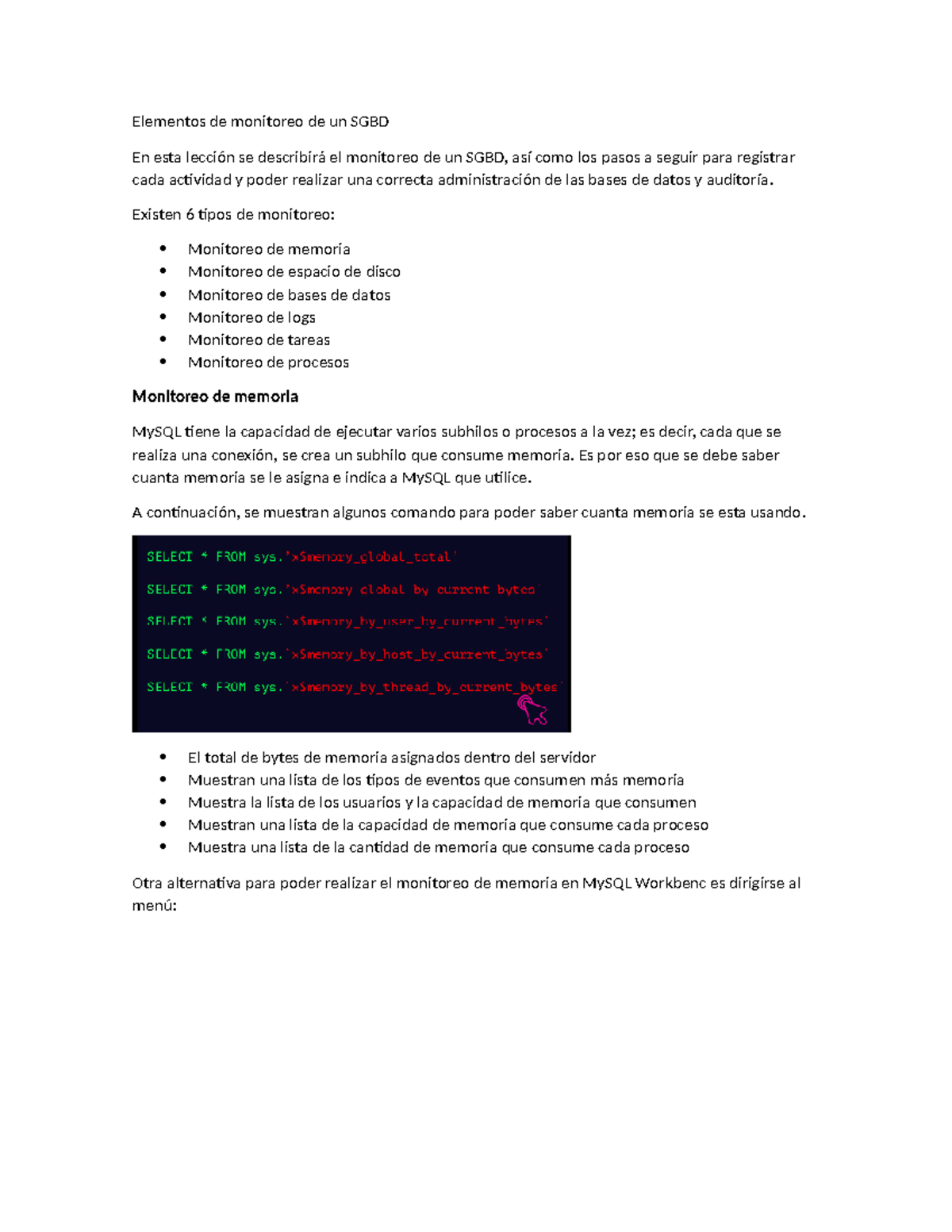 Elementos de monitoreo de un SGBD - Existen 6 tipos de monitoreo ...