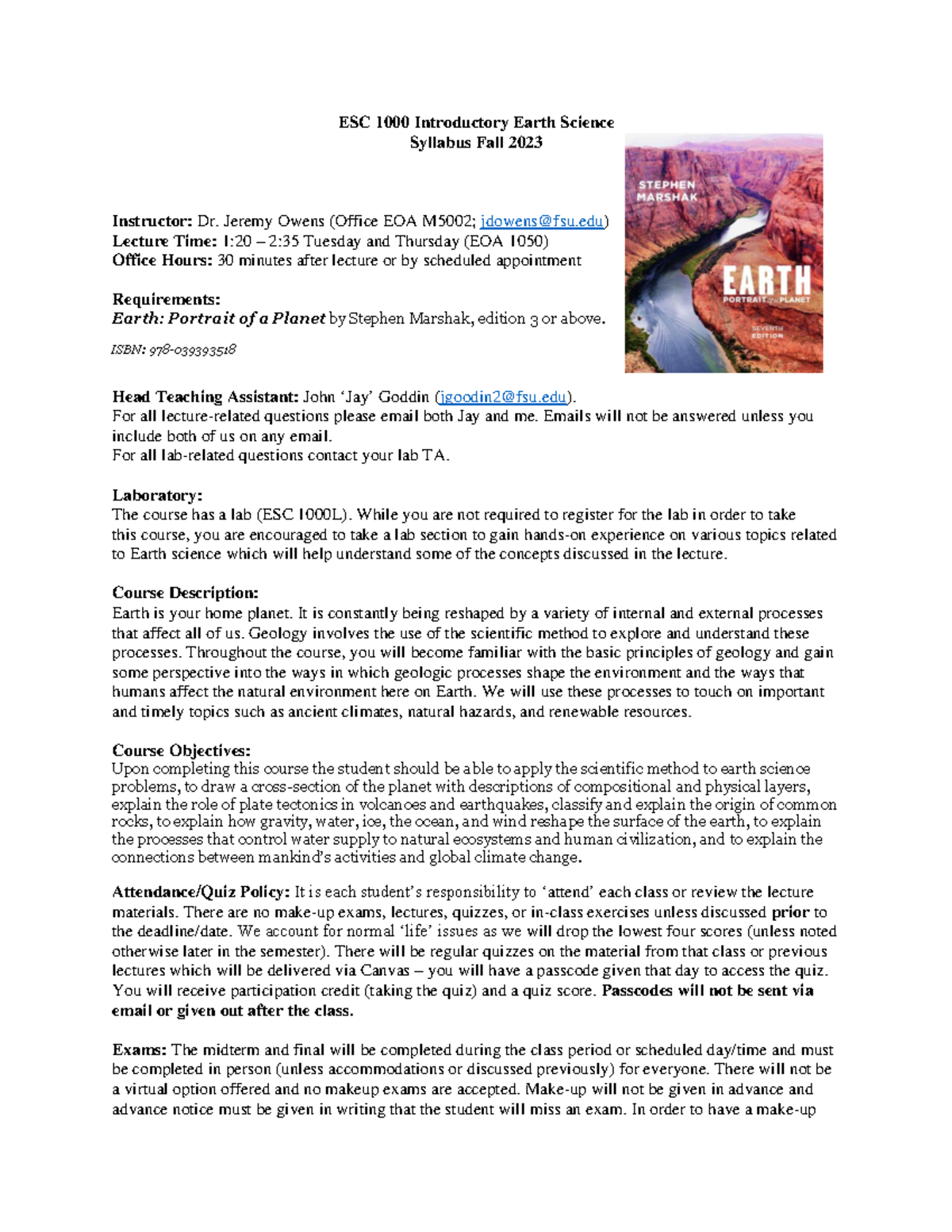 Earth Science - Syllabus for ESC - Syllabus Fall 2023 Instructor: Dr ...