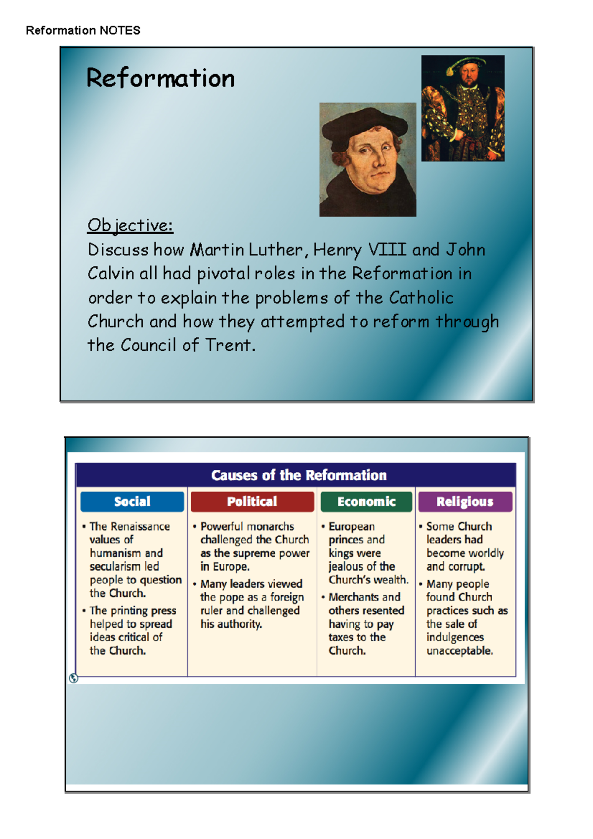 Reformation Class Notes - Objective: Discuss how Martin Luther, Henry ...