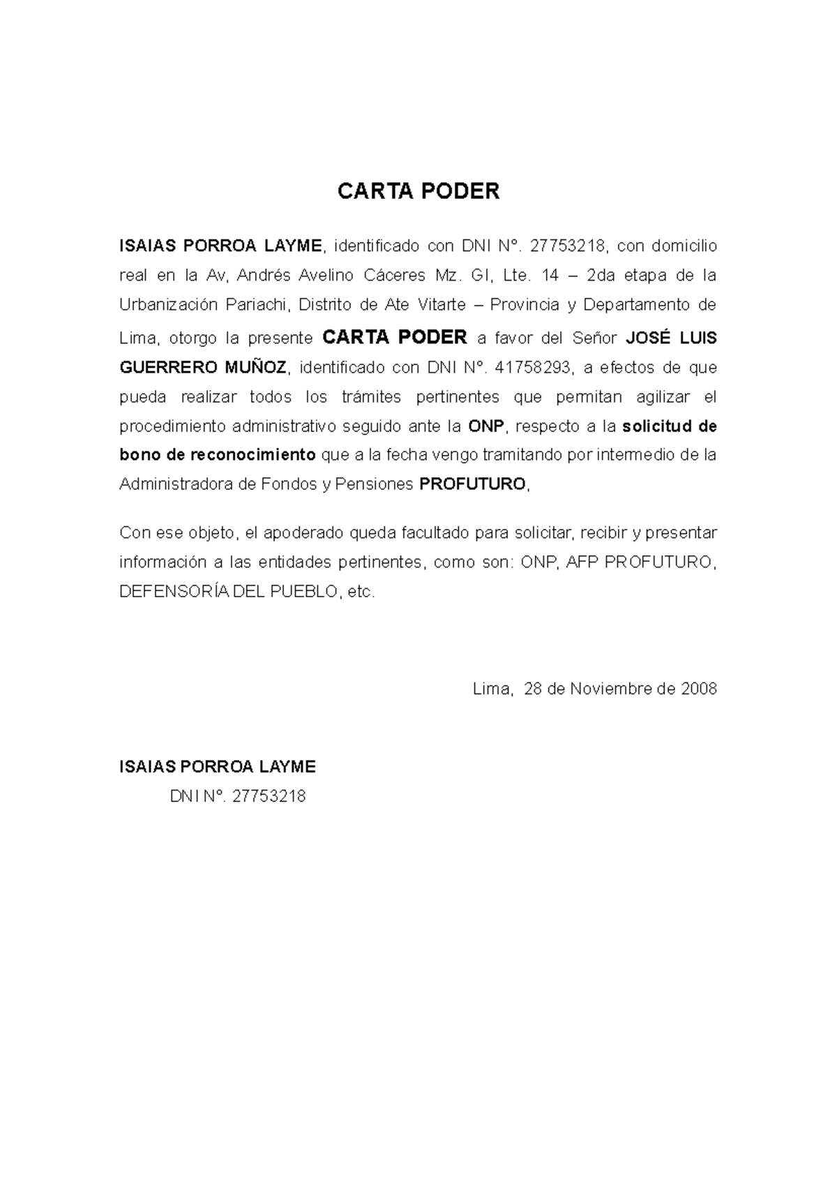 Carta Poder - modelo - CARTA PODER ISAIAS PORROA LAYME, identificado ...