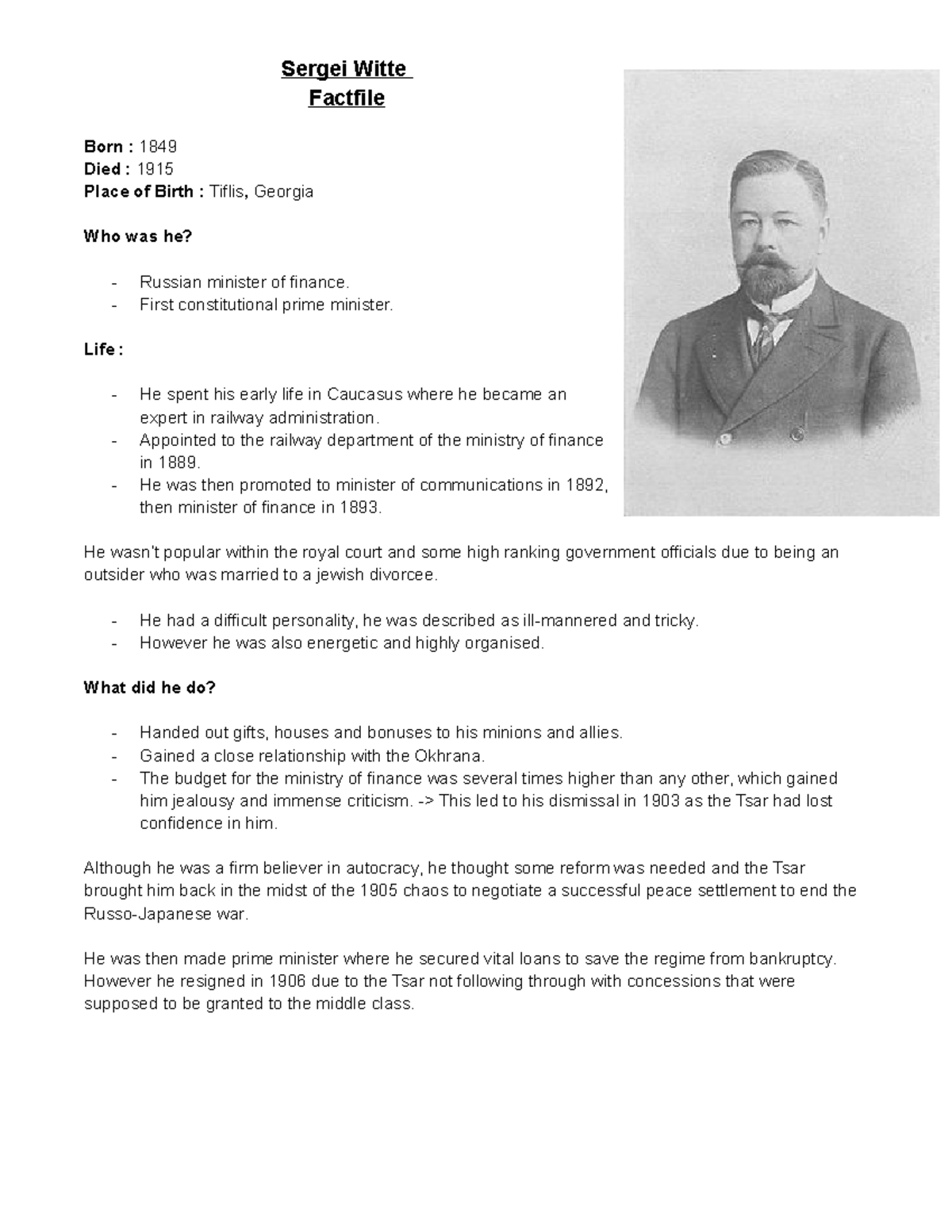 Sergei Witte - Sergei Witte Factfile Born : 1849 Died : 1915 Place of ...