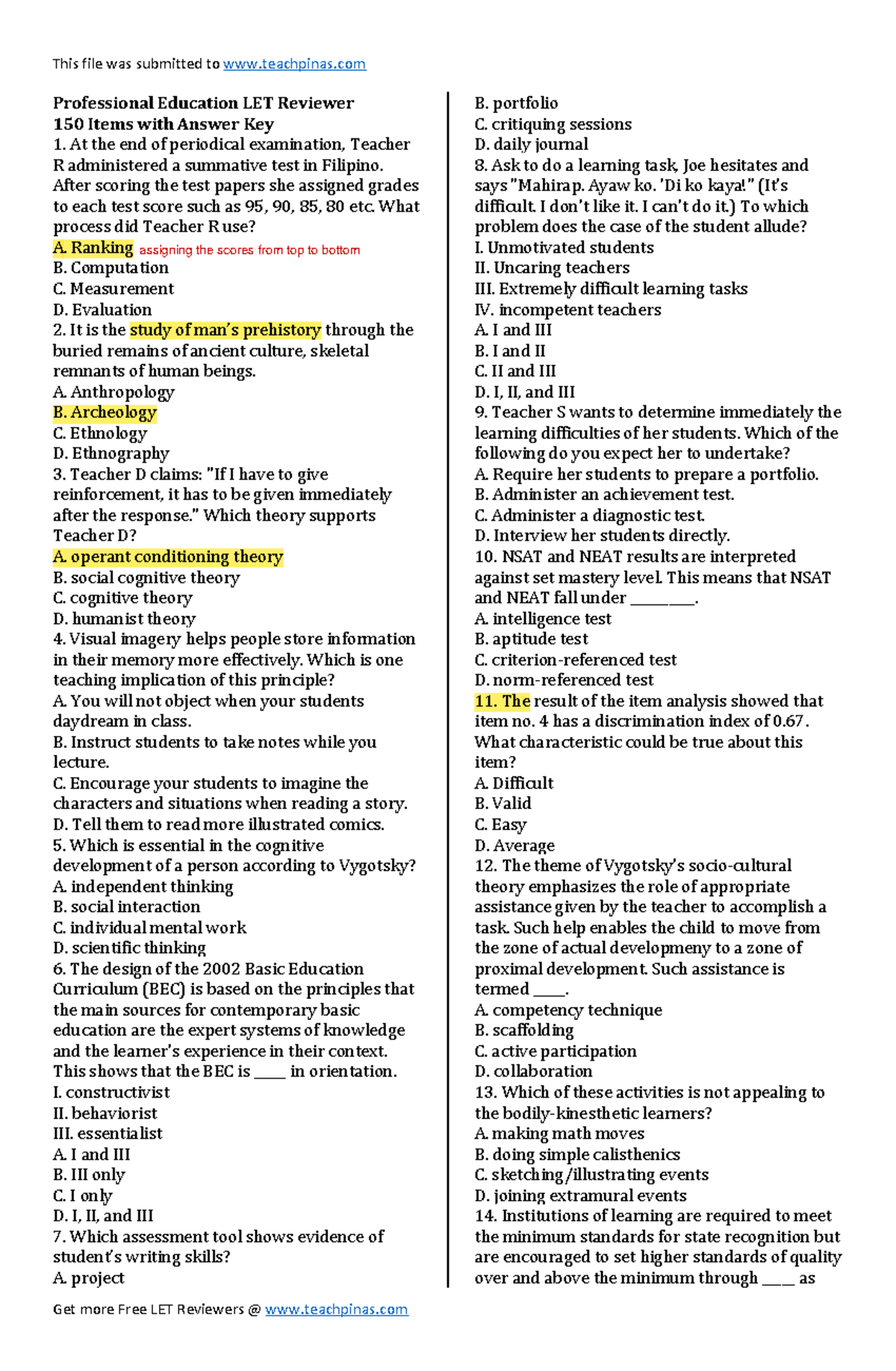 Practice Materials - Professional Education LET Reviewer 150 Items with ...