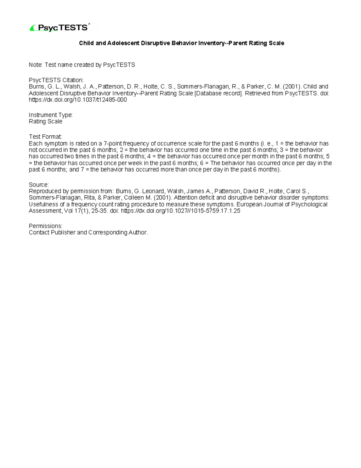 Child and Adolescent Disruptive Behavior Inventory Parent Rating Scale ...