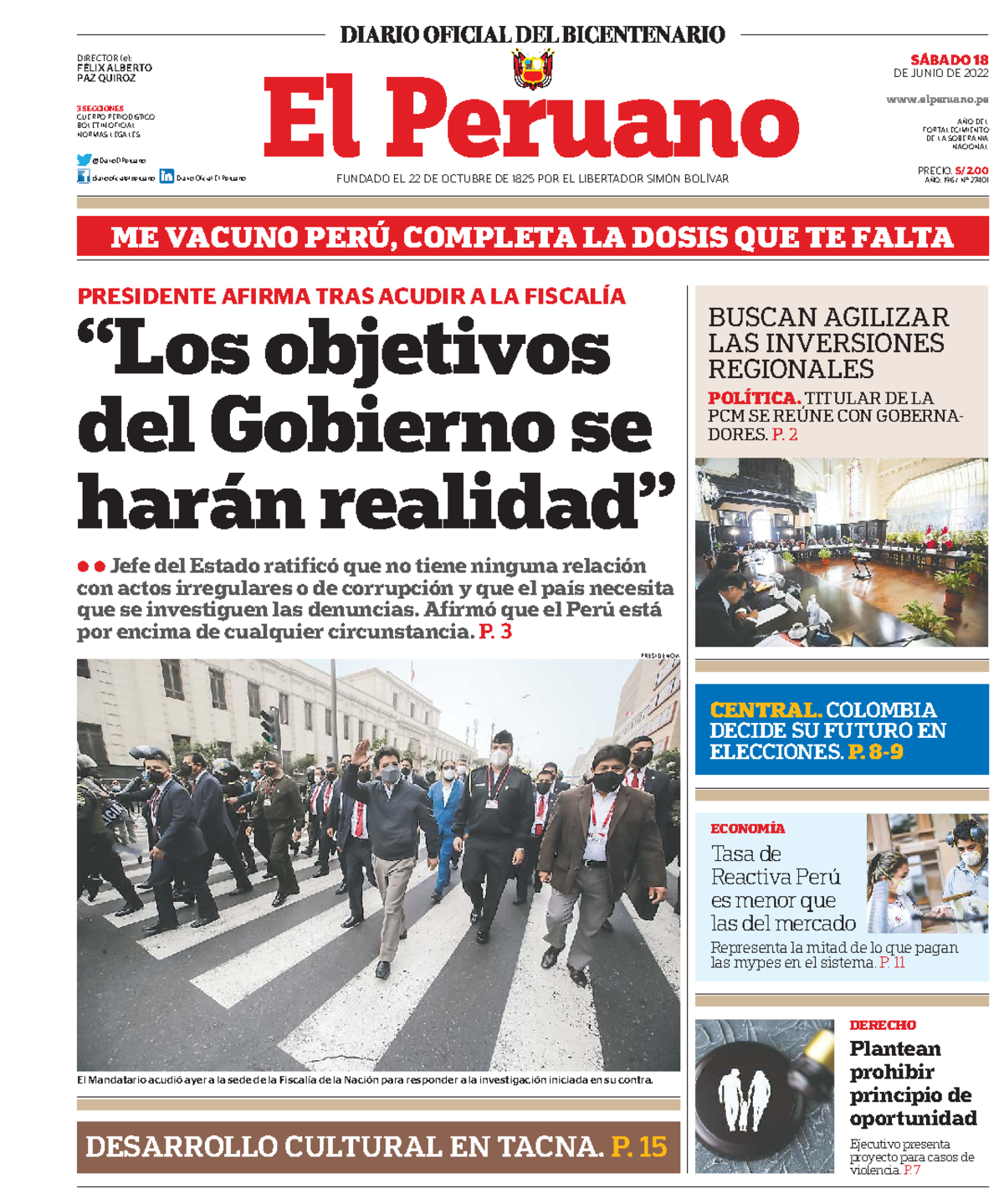 EL Peruano 18 DE Junio 2022 - DIRECTOR (e): FÉLIX ALBERTO PAZ QUIROZ ...