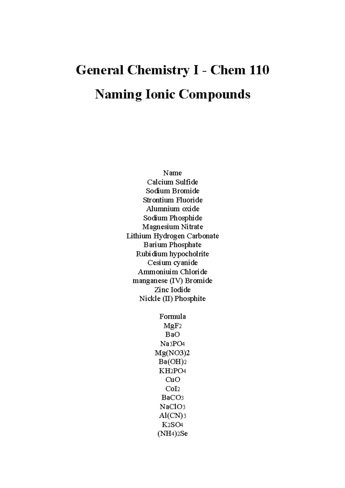 CHEM 1100 naming ionic compounds practice sheet + solution - General ...