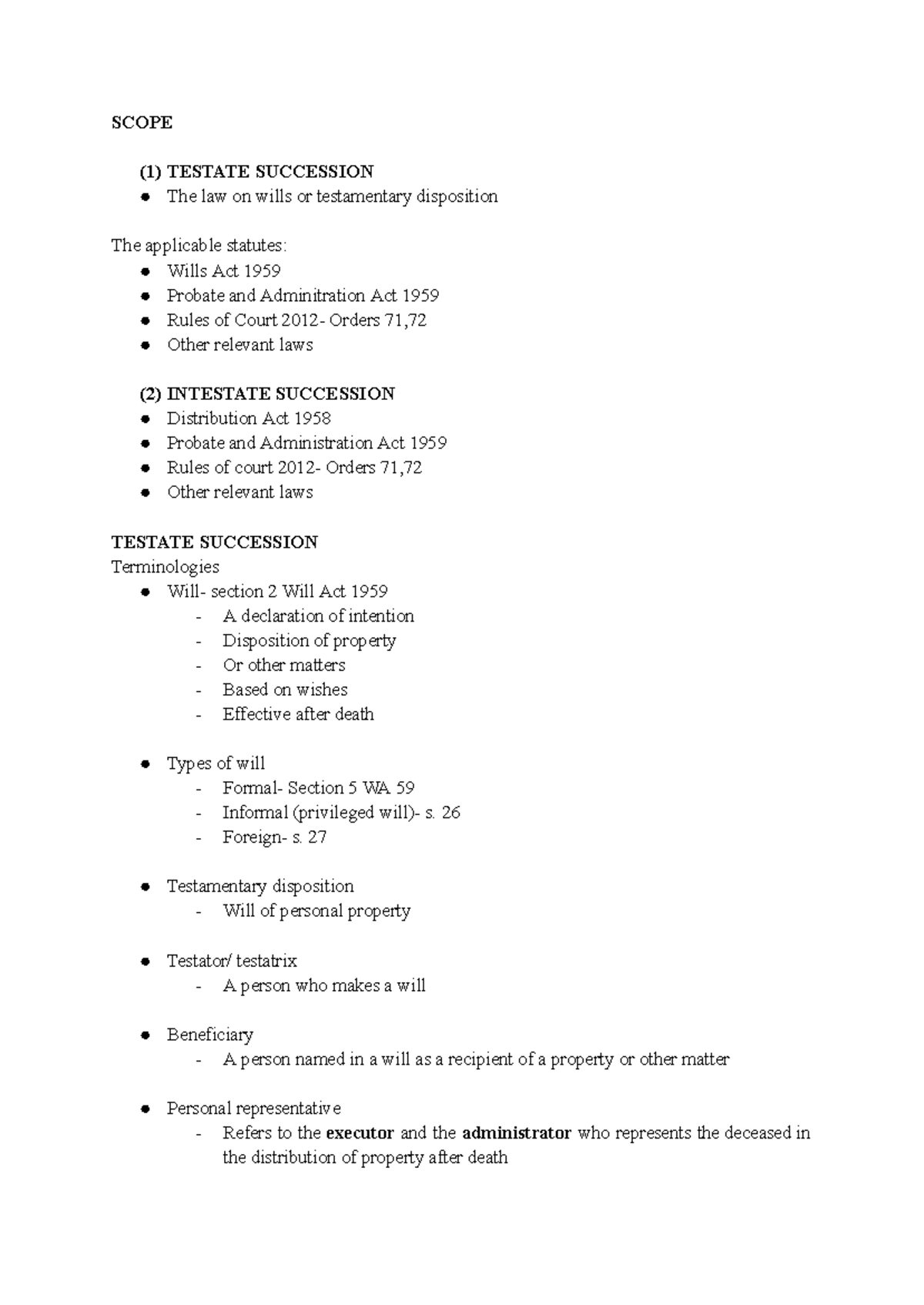 Probate Notes - SCOPE (1) TESTATE SUCCESSION The law on wills or ...