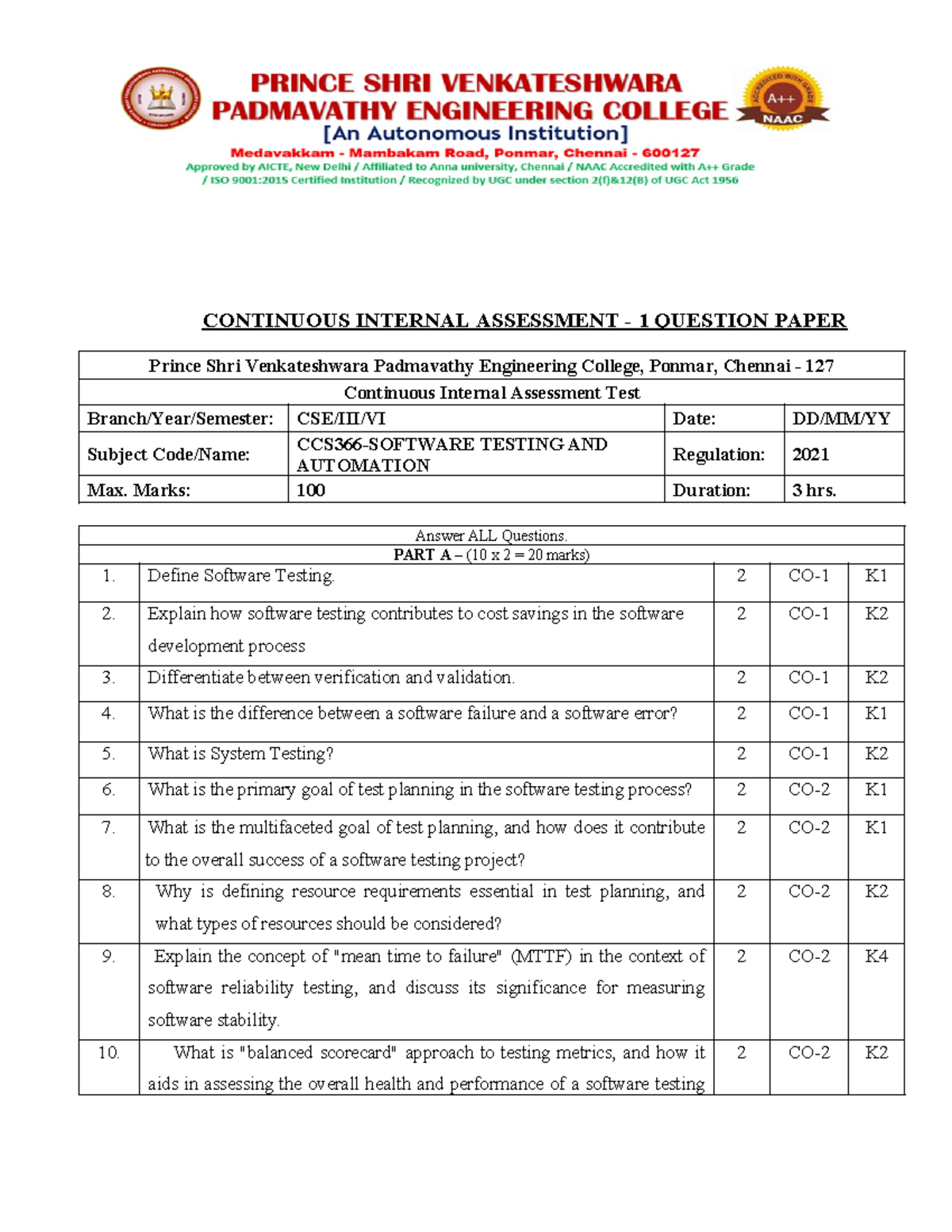 STA - good - CONTINUOUS INTERNAL ASSESSMENT - 1 QUESTION PAPER Prince ...