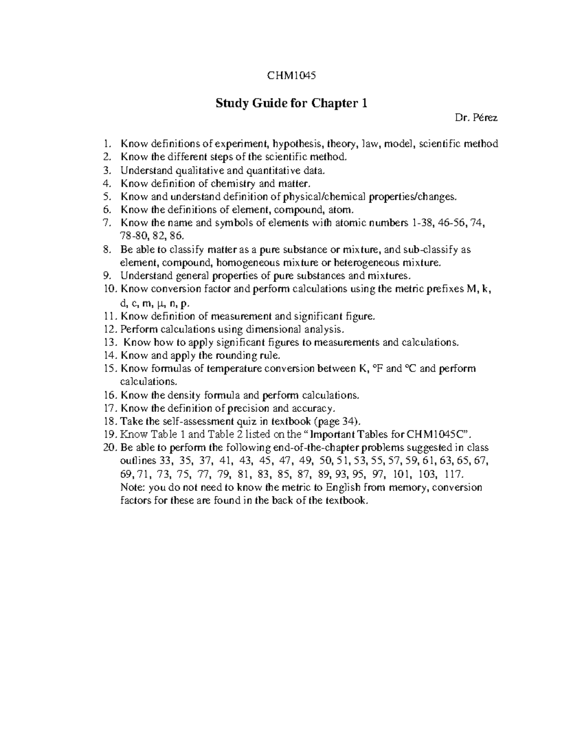 Chapter 01 Study Guide-1 - CHM Study Guide for Chapter 1 Dr. Pérez Know ...