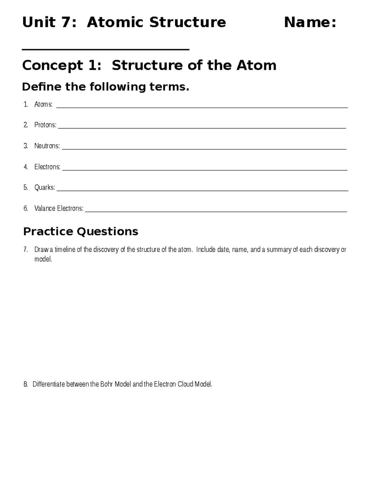 Stu.Morgan Nicklas - Unit 7 Study Guide - Unit 7: Atomic Structure Name