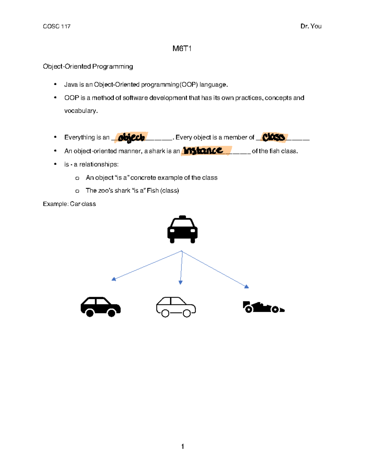 Cosc 1 Notes 1 M6t Object Oriented Programming Java Is An Object Oriented Programmingoop