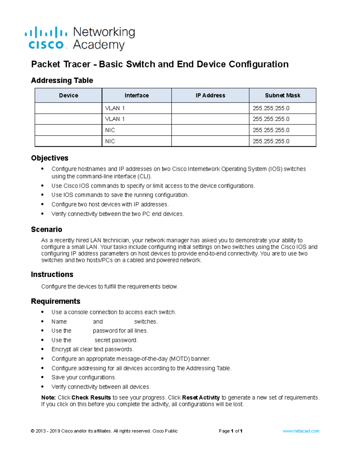 2.9.1 Packet Tracer - Basic Switch and End Device Configuration - Packet Tracer - Basic Switch ...