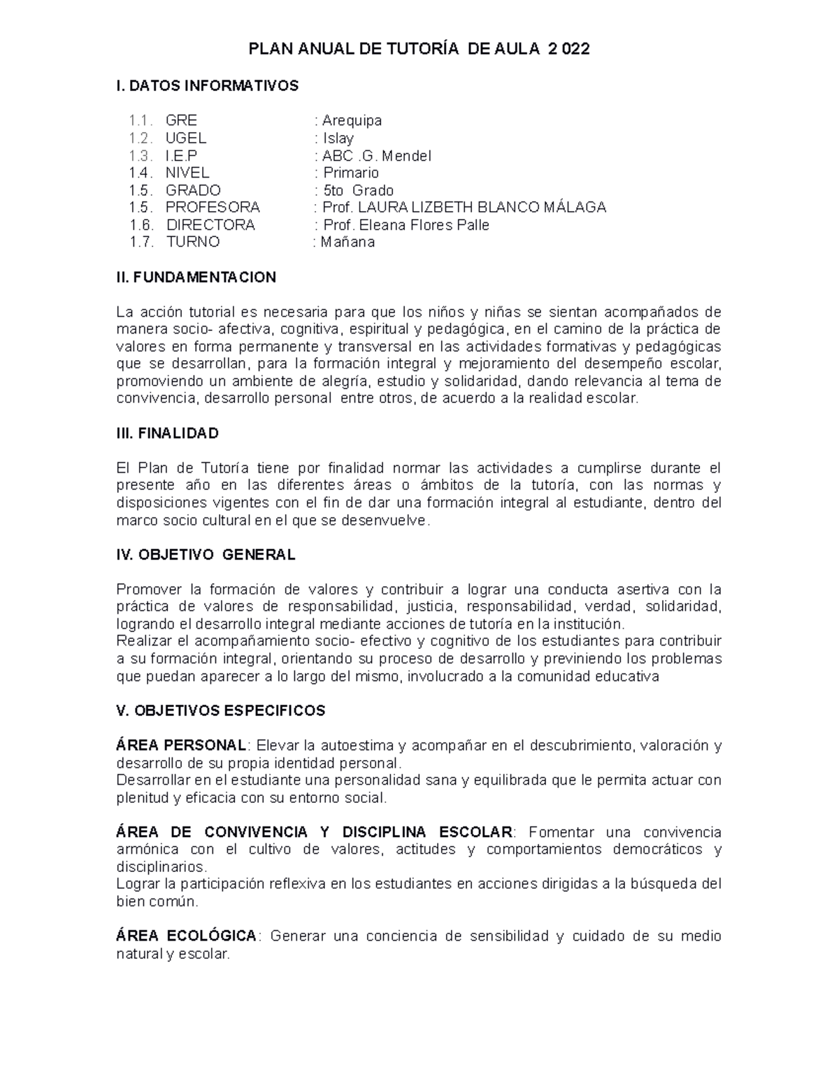 PLAN Anual DE Tutoría DE AULA 2 022 - PLAN ANUAL DE TUTORÍA DE AULA 2 ...