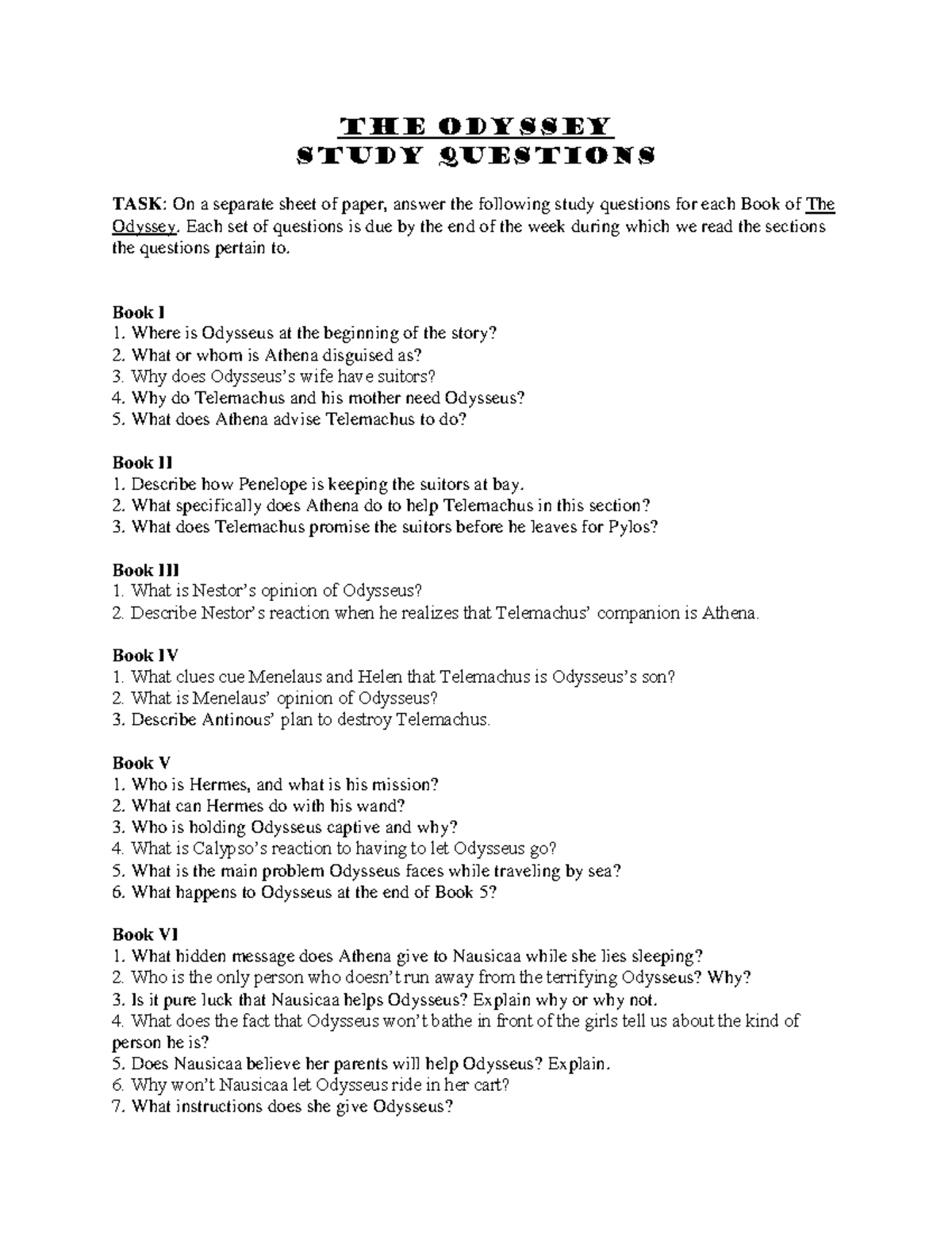 Study Questions 1-6 - THE ODYSSEY STUDY QUESTIONS TASK : On a separate ...