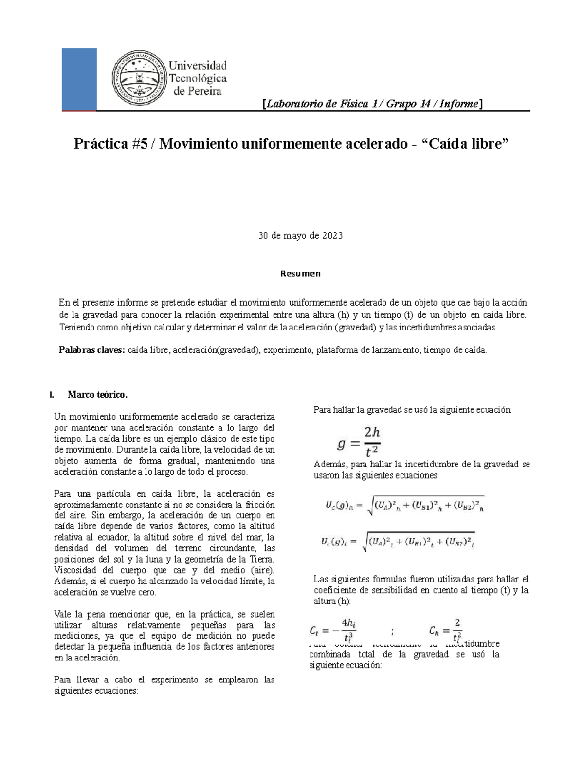 Experimento Caida Libre - Práctica #5 / Movimiento uniformemente acelerado - “Caída libre” 30 de ...