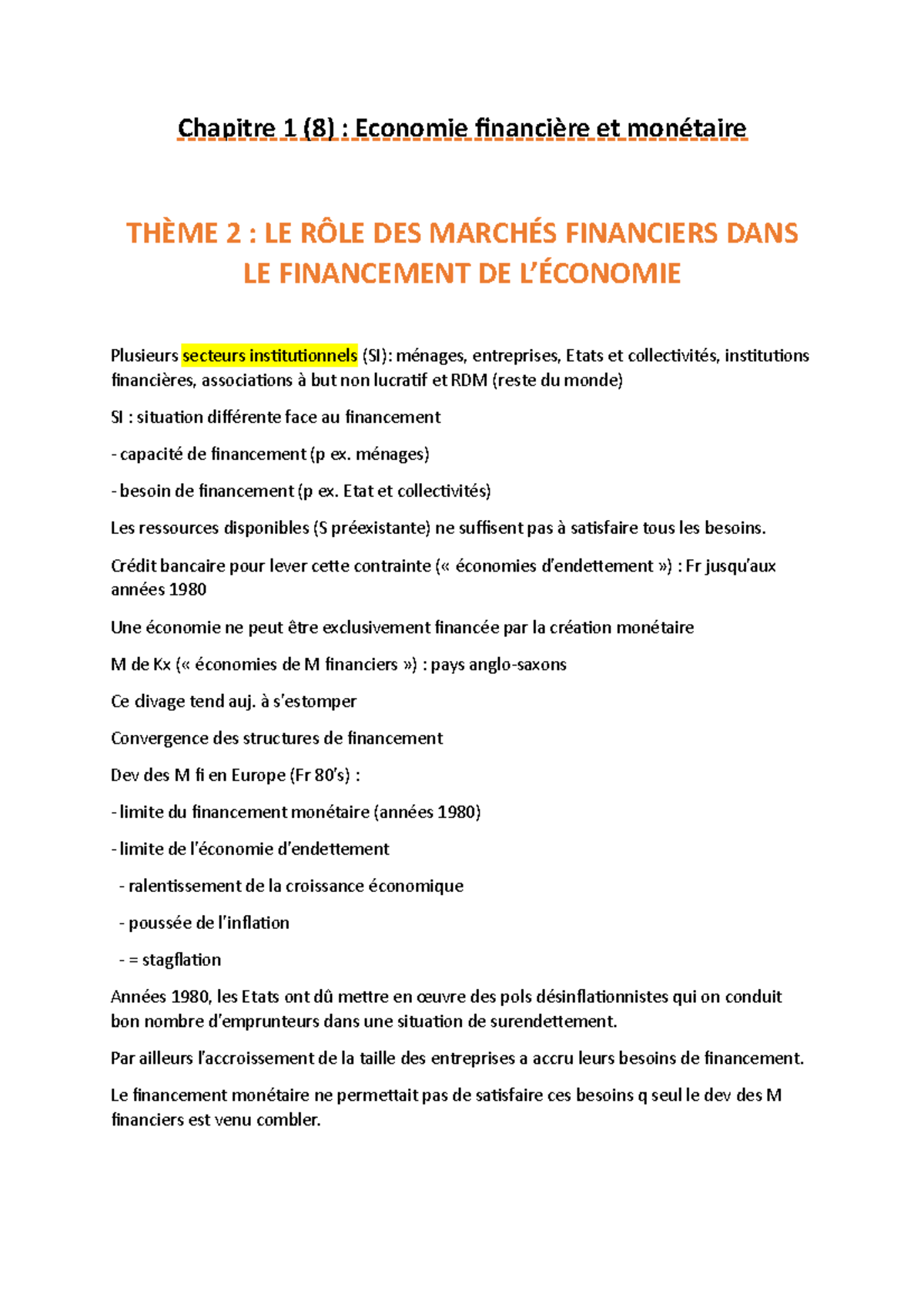 Chapitre 1, Thème 2 - Chapitre 1 (8) : Economie financière et monétaire ...